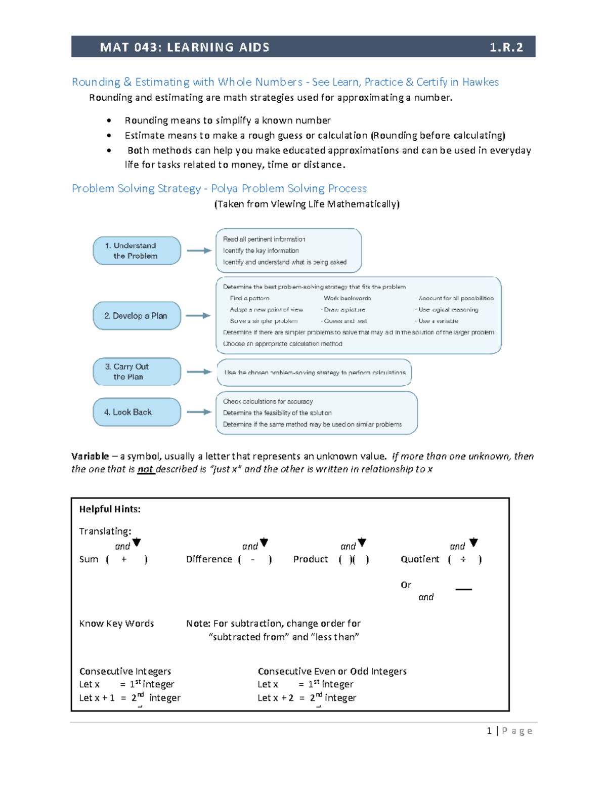 MATH 043/143 NOTES - 1 | P a g e MAT 043: LEARNING AIDS 1. Rounding ...