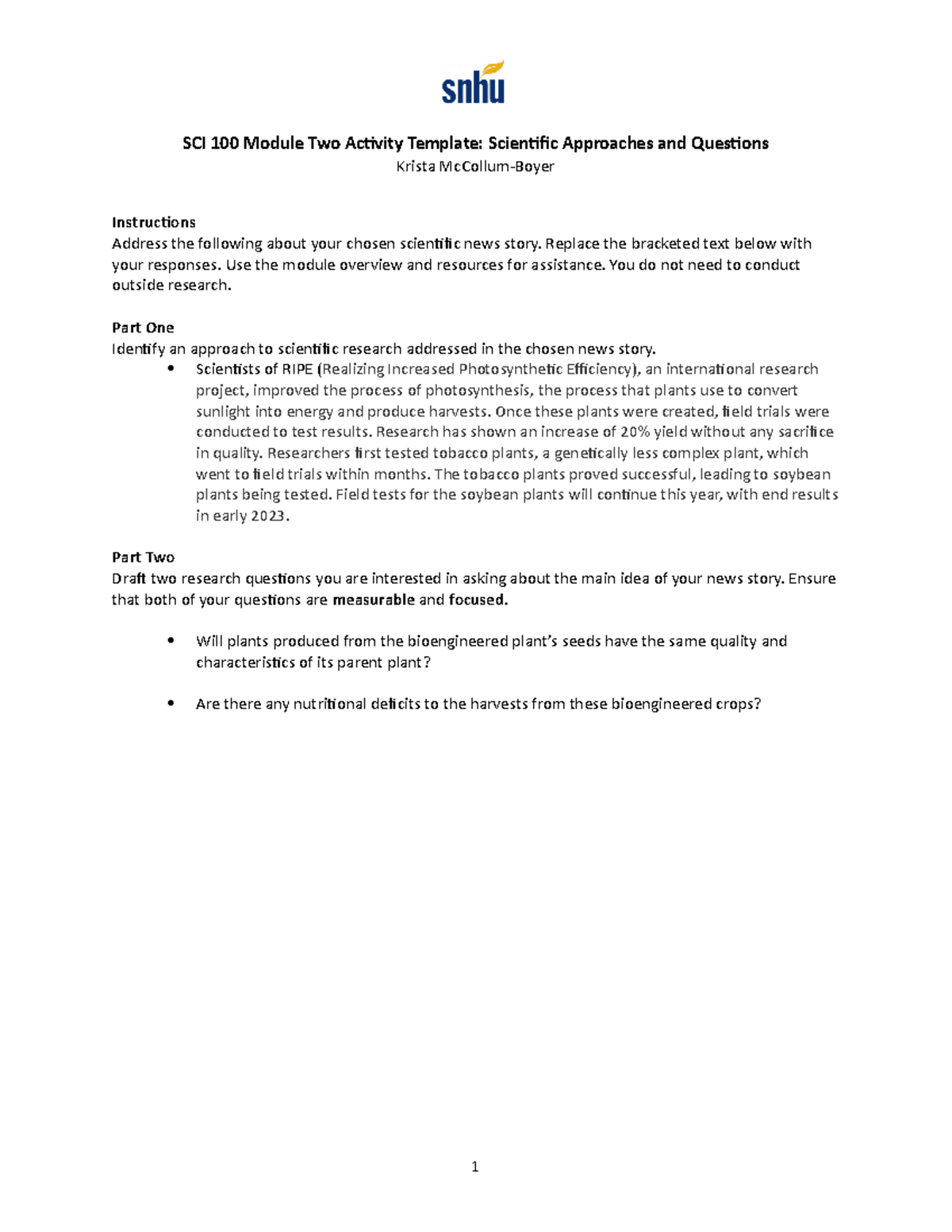 SCI 100 Module Two Activity Template - Replace the bracketed text below ...