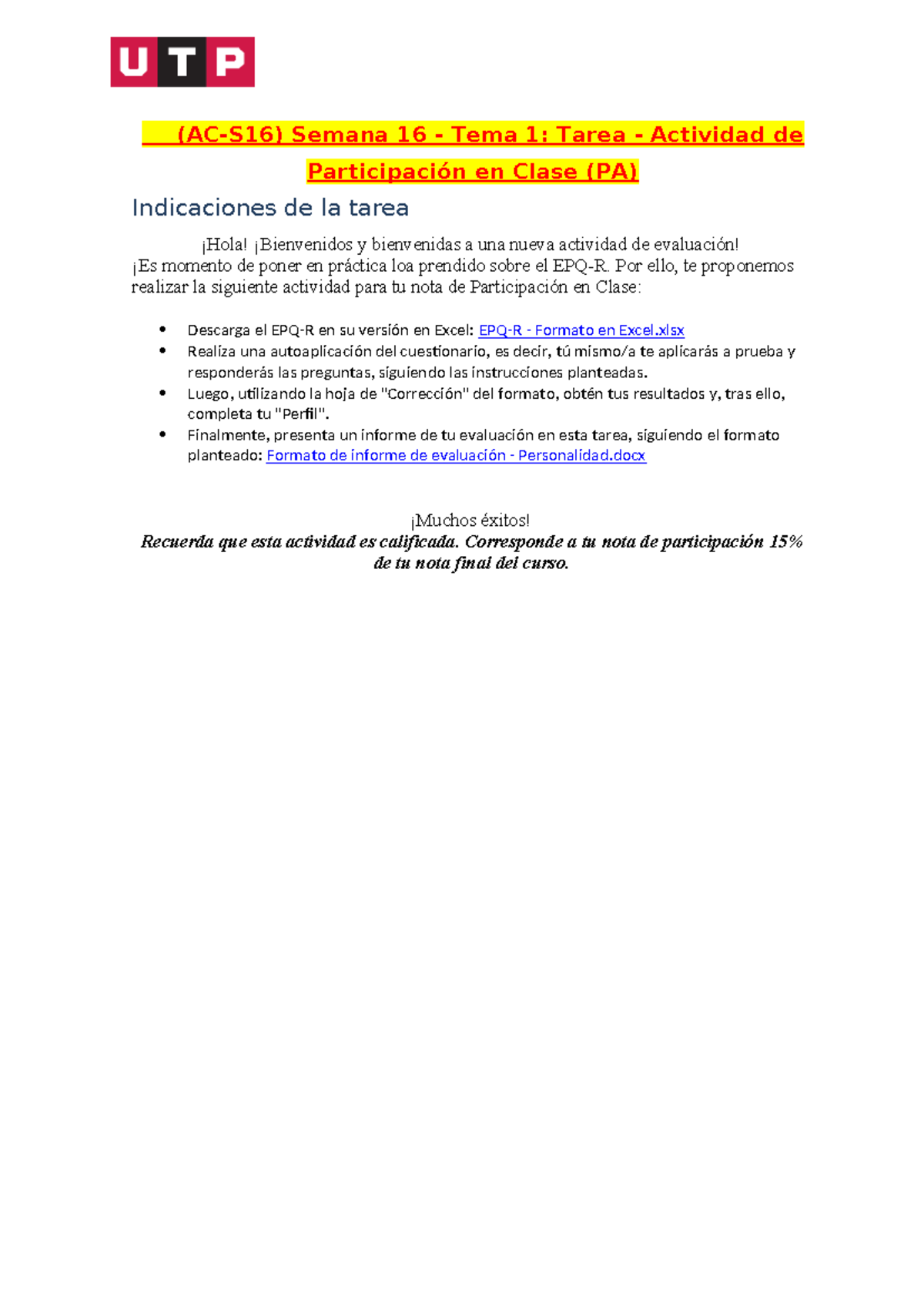 🔴 (AC-S16) Semana 16 - Tema 1 Tarea - Actividad de Participación en Clase (PA) - Personalidad ...