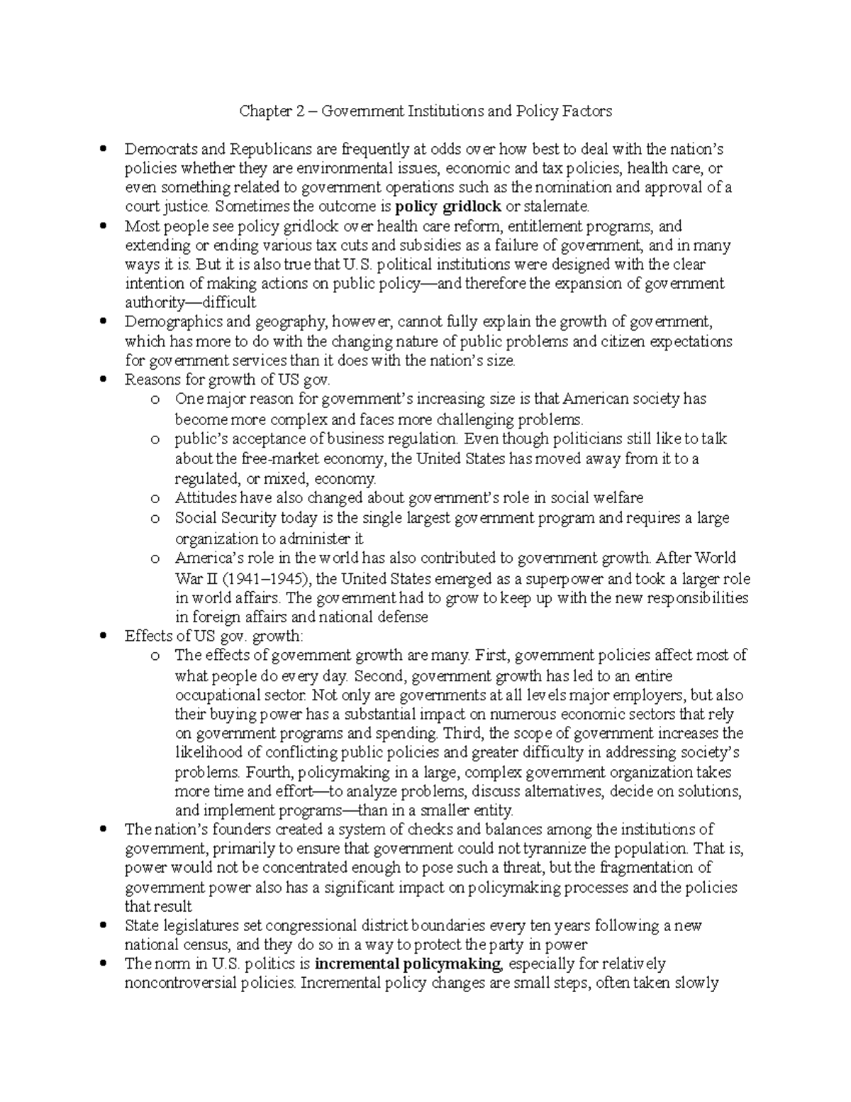Chapter 2 Notes - Prof. Lippard - Chapter 2 Government Institutions and ...