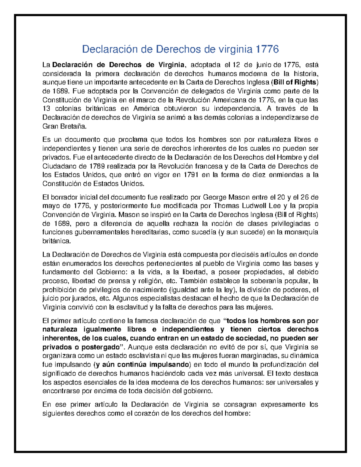 ACT Derechos Pueblo DE Virginia - Declaración de Derechos de virginia ...
