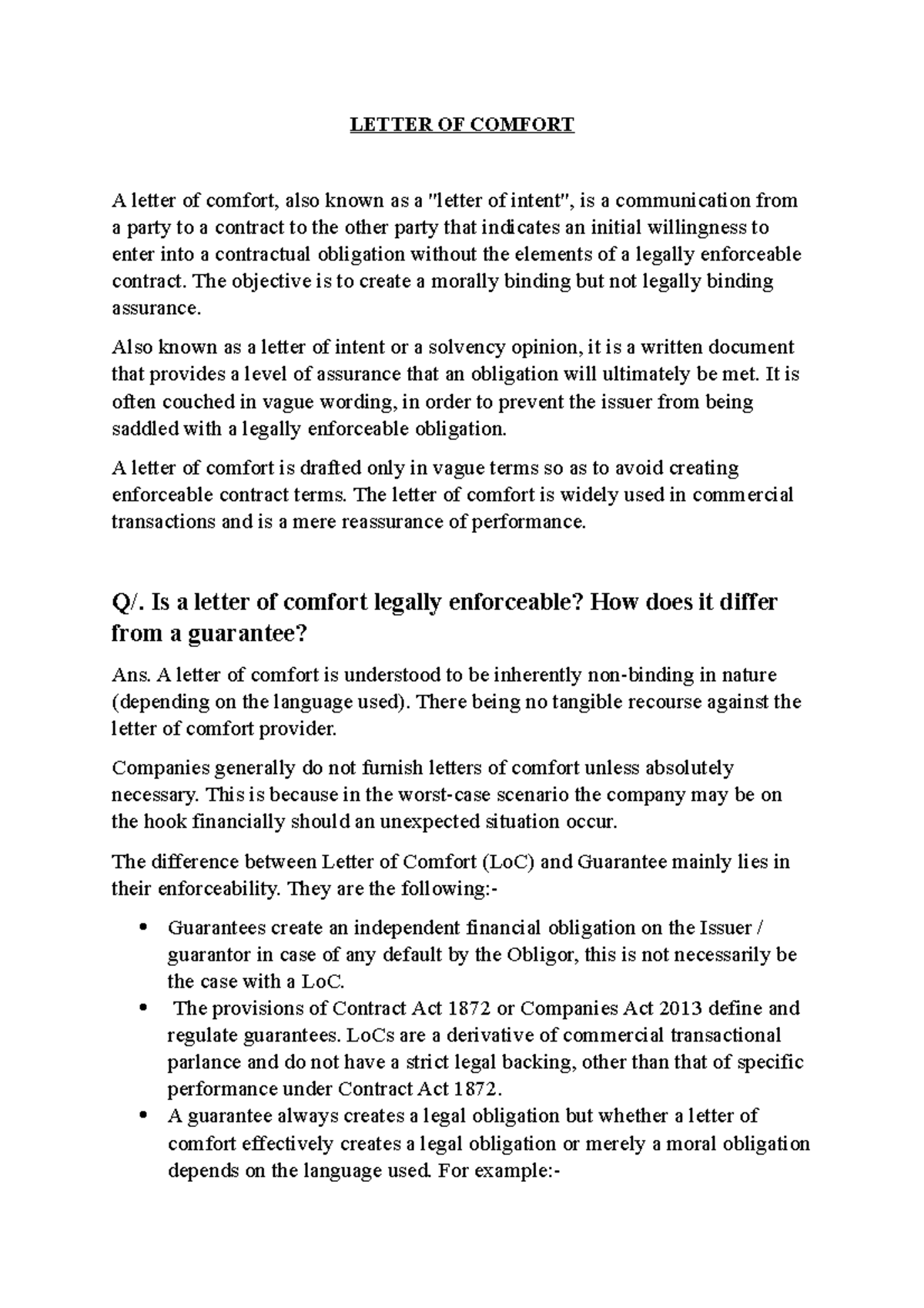 Writing 2 - NOTES - LETTER OF COMFORT A letter of comfort, also known ...