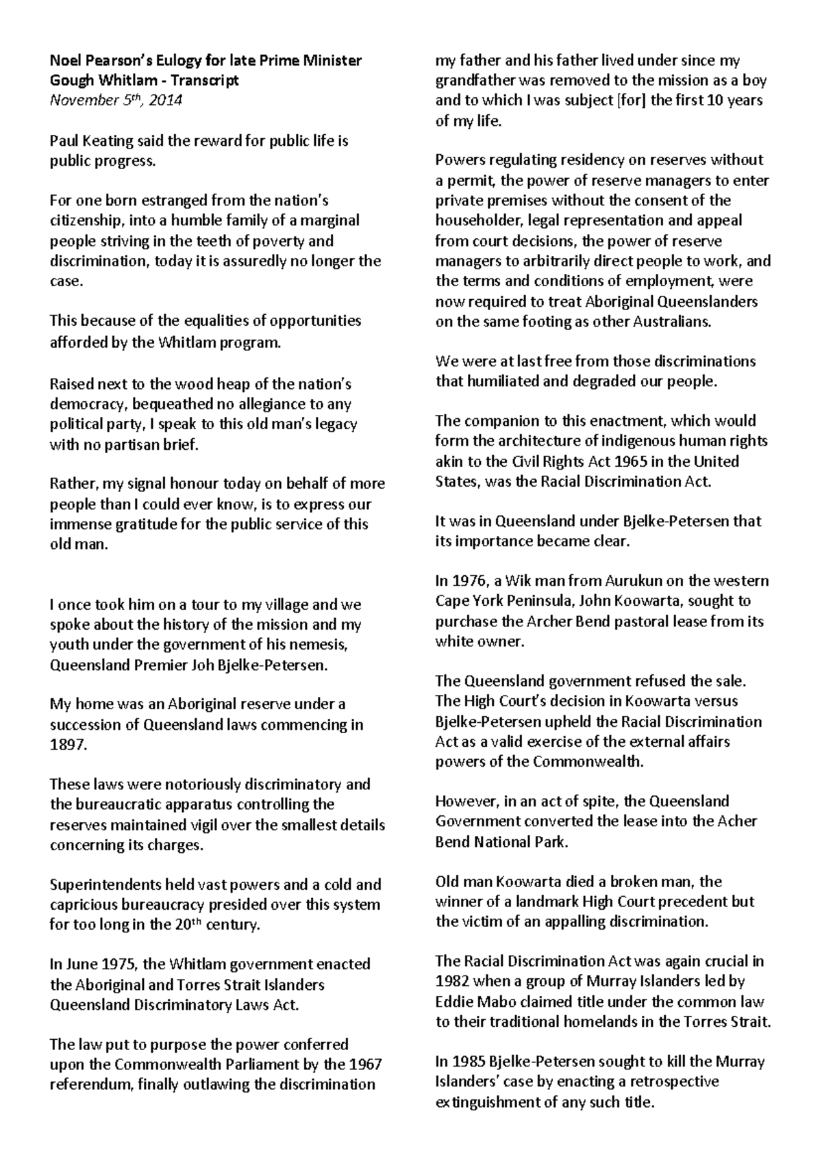 10. Noel Pearson’s “Eulogy for Gough Whitlam” (2014 ) speech - Noel ...