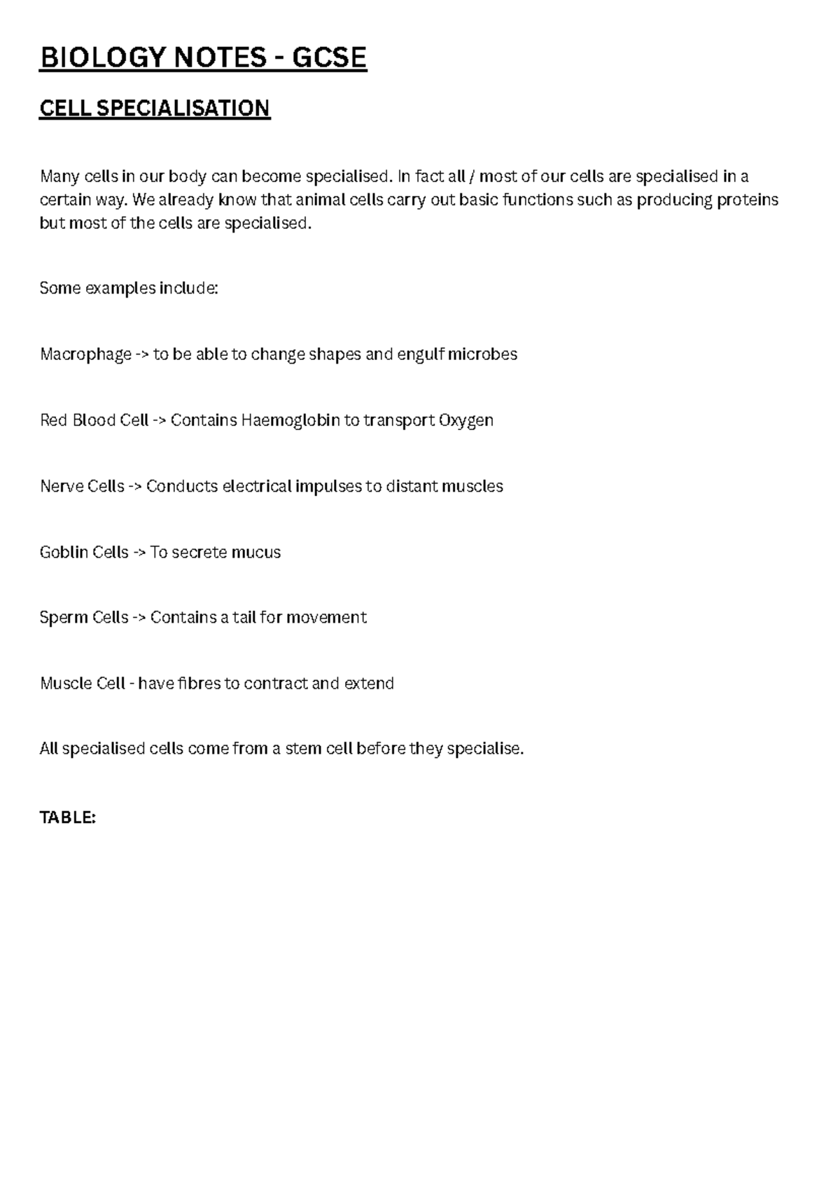CELL Specialisation - BIOLOGY NOTES - GCSE CELL SPECIALISATION Many ...