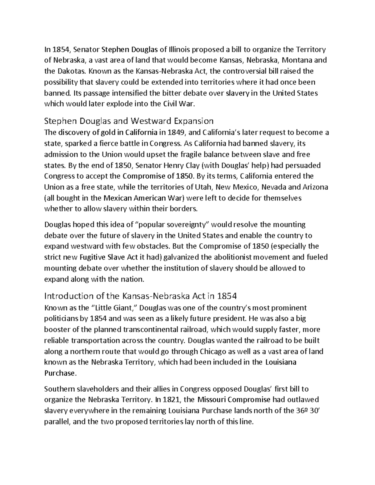 Kansas Nebraska Act Notes - In 1854, Senator Stephen Douglas of ...