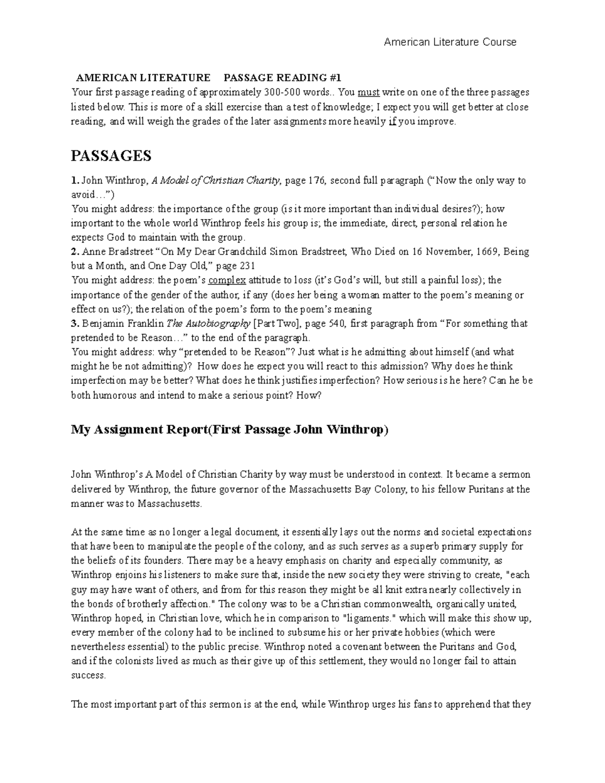 American Literature First close reading - American Literature Course ...