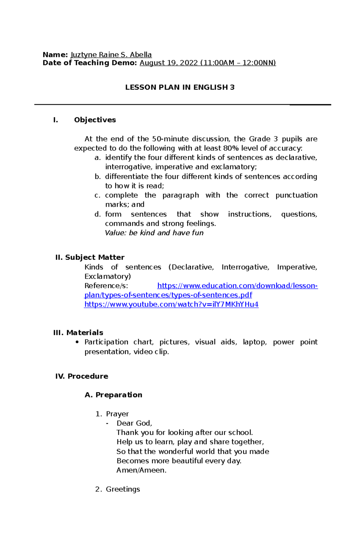 Lesson Plan on Kinds of Sentences ( fin detailed) - Name: Juztyne Raine ...