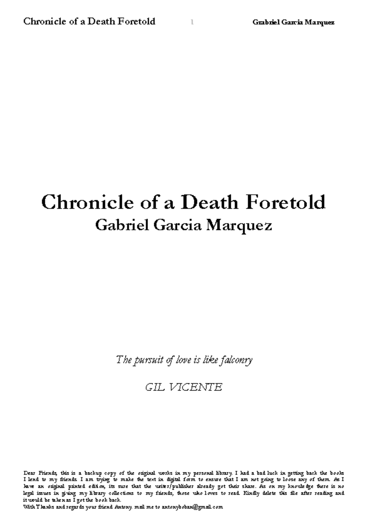 Chronicle of a Death Foretold pdf - Dear Friends, this is a backup copy ...