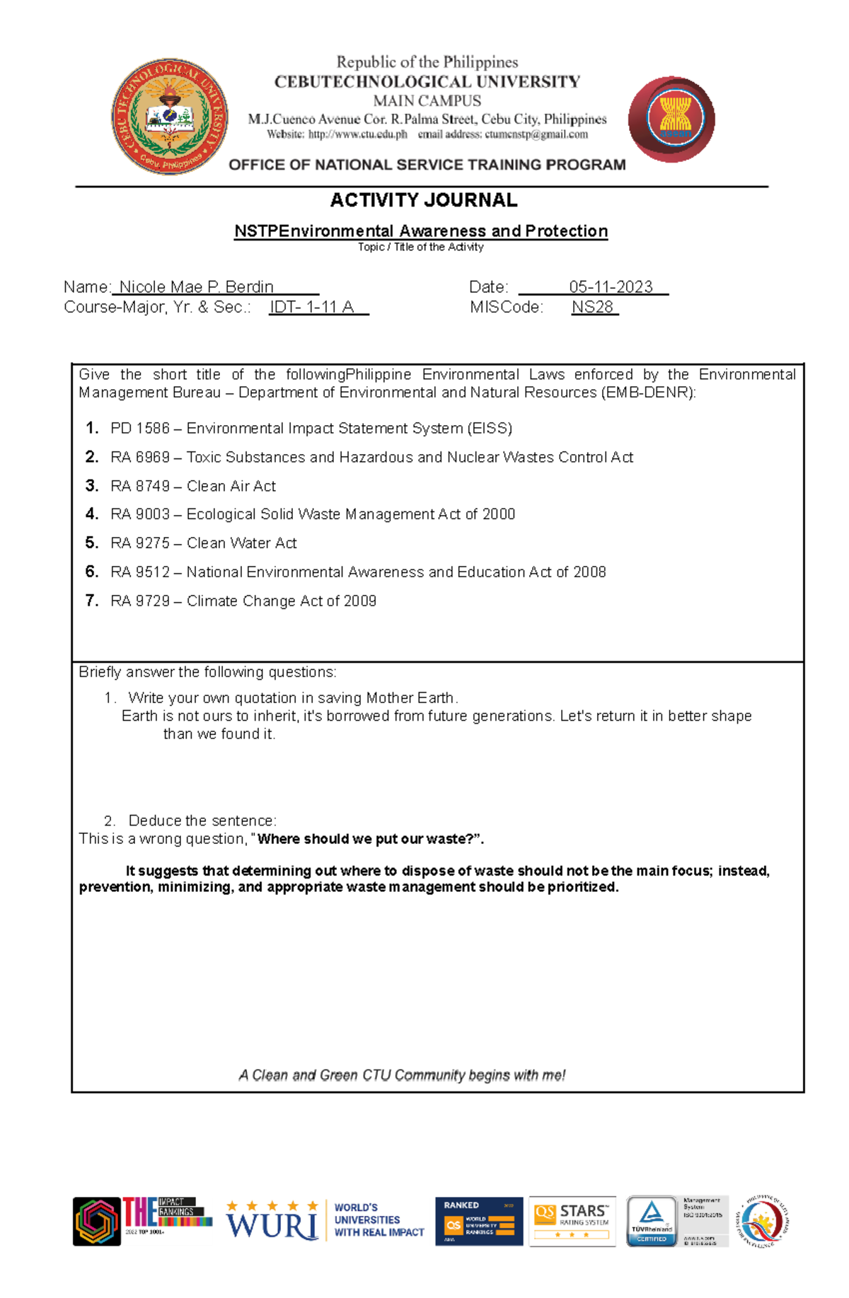 NSTP Activity 11 - ACTIVITY JOURNAL NSTPEnvironmental Awareness and ...