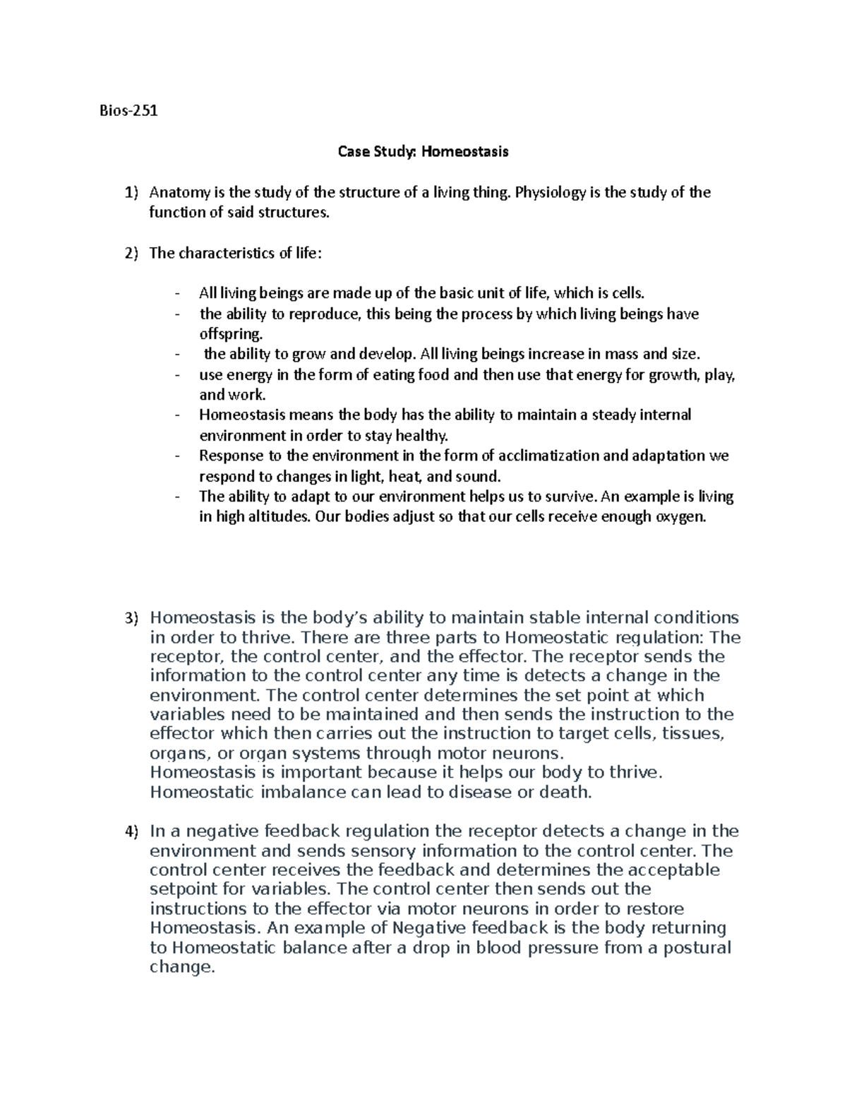 Case study Homeostasis - Bios- Case Study: Homeostasis Anatomy is the ...