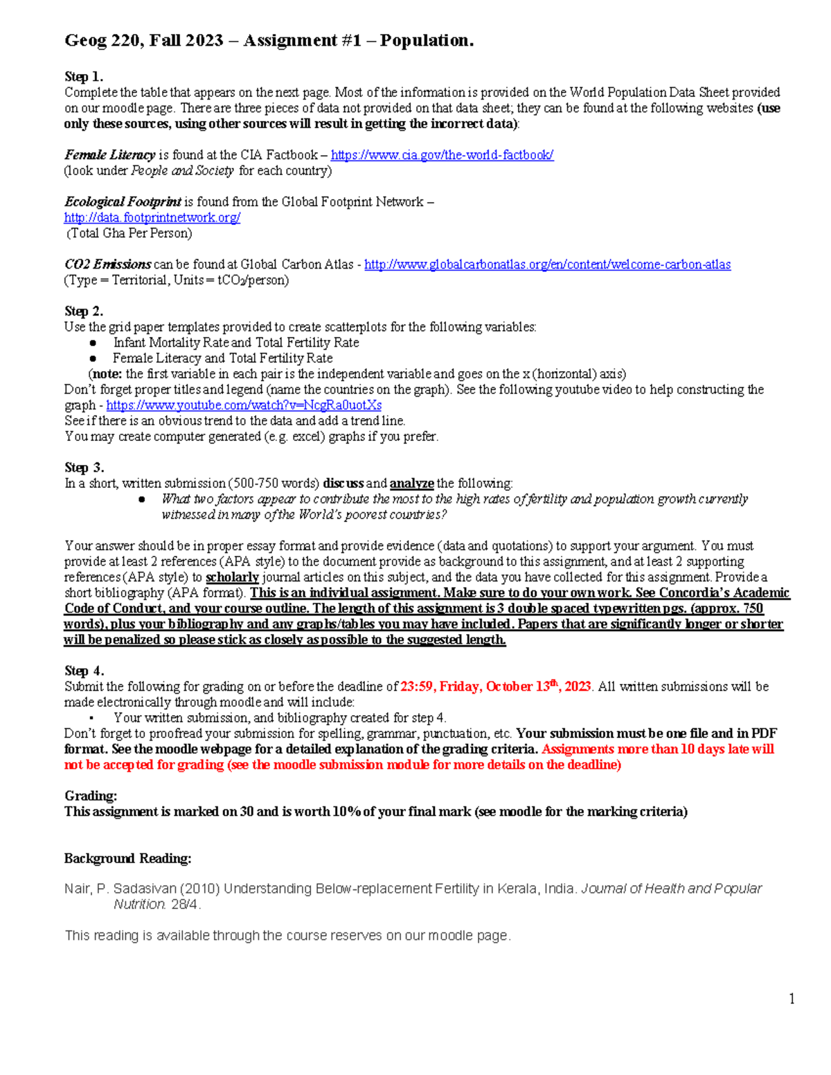 Geog 220 W23 Assign #1 Table - Geog 220, Fall 2023 – Assignment #1 ...