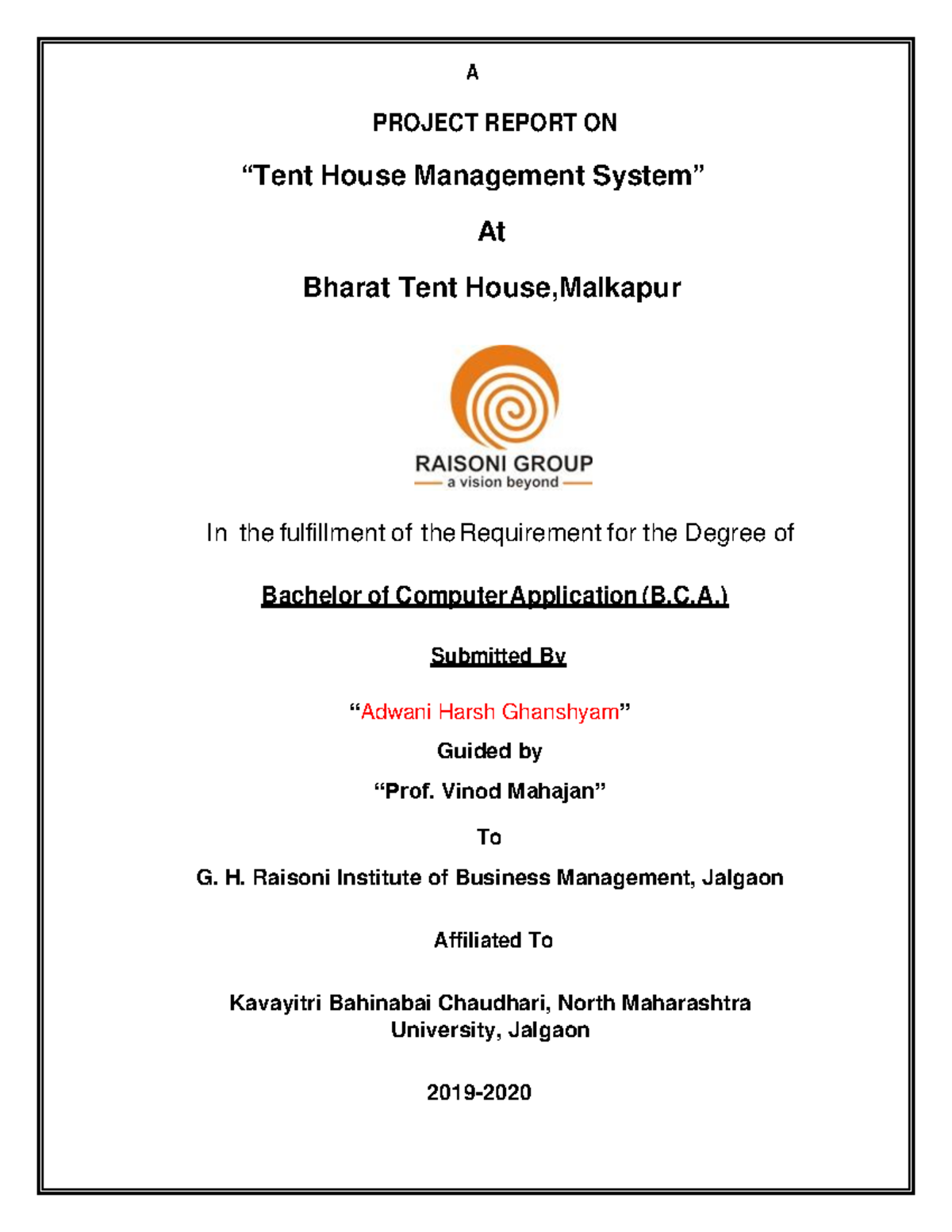 Sample Project Report - FOR BUSSINES - A PROJECT REPORT ON “Tent House ...