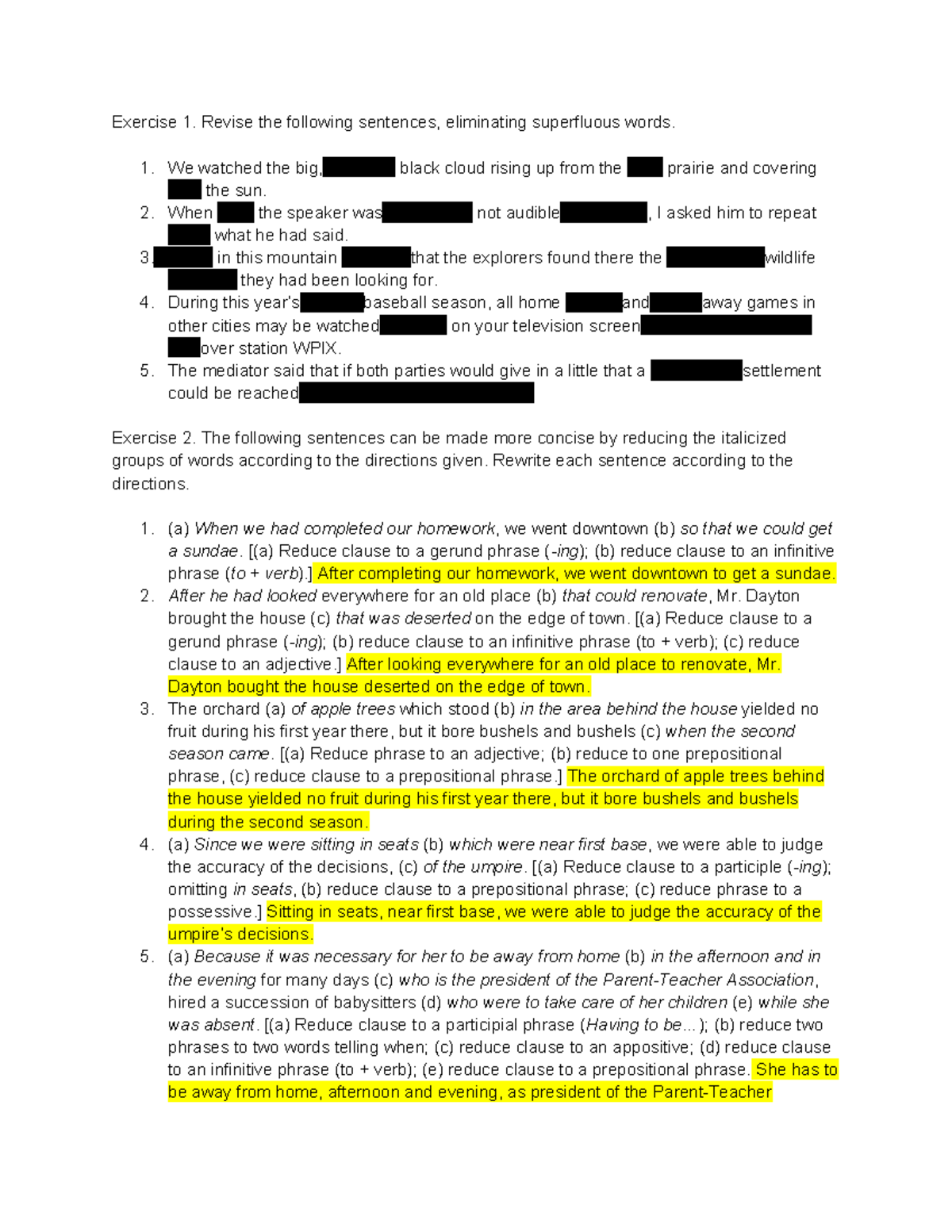 Copy of Grammar HW on Sentence Conciseness - Exercise 1. Revise the ...