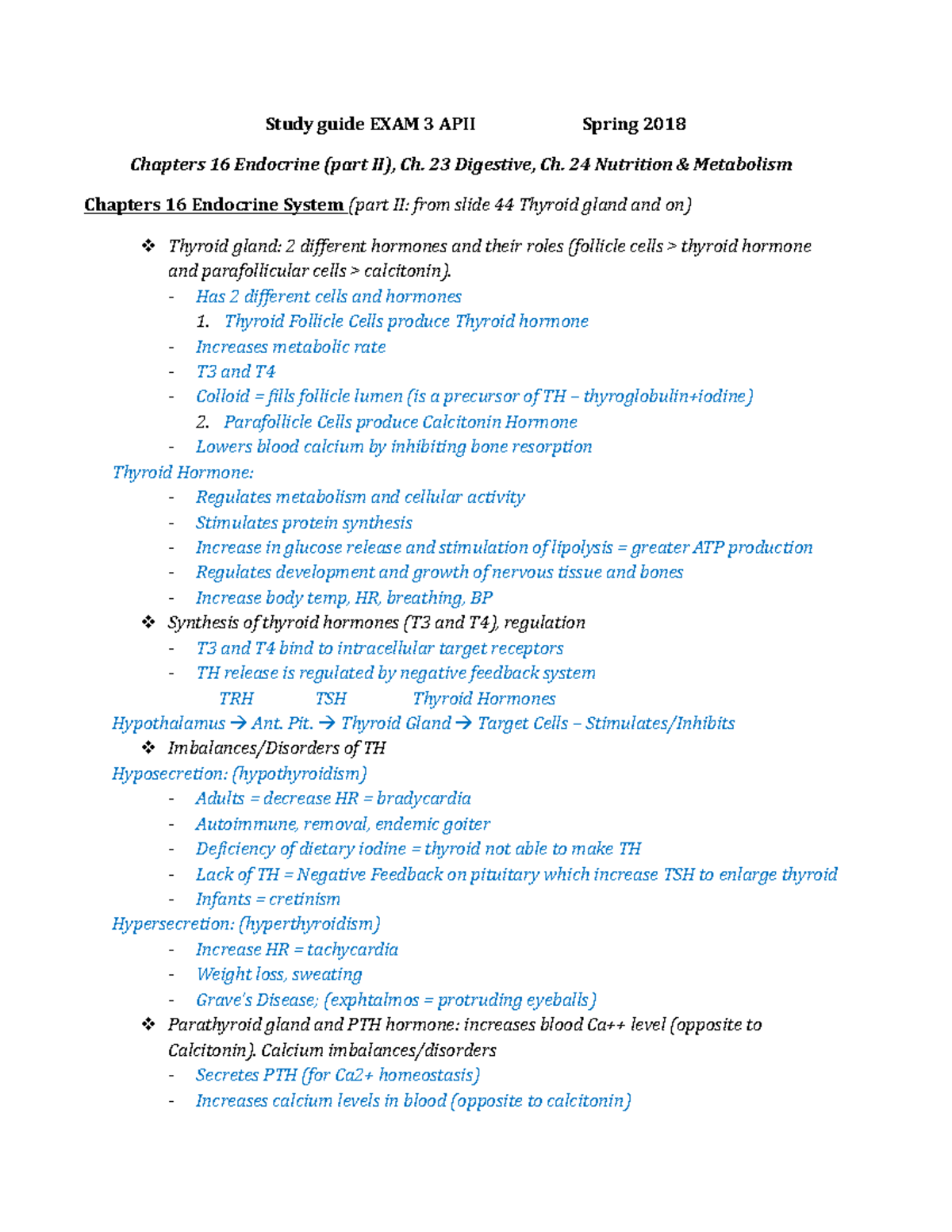 Anatomy Exam 3 Study Guide (Ch - Study guide EXAM 3 APII Spring 2018 ...