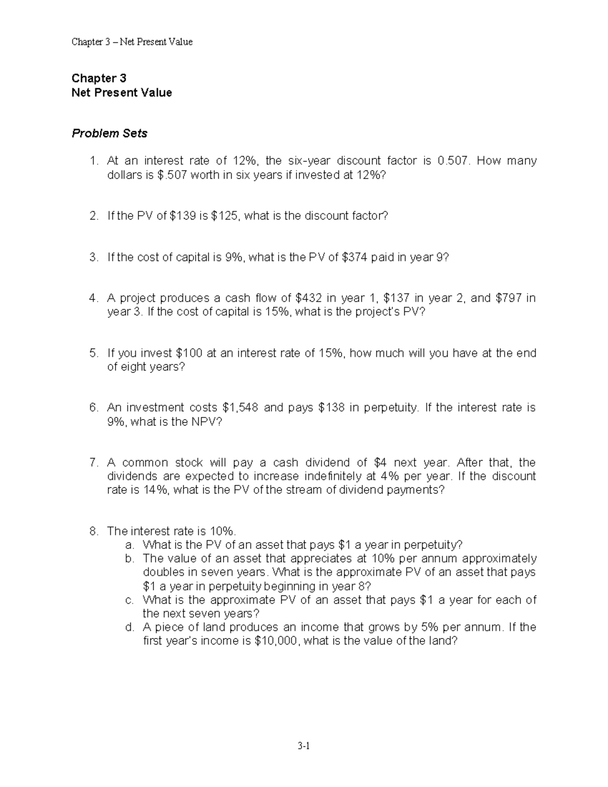 03 - Problem Sets-1 - Test Bank - Chapter 3 – Net Present Value 3 ...