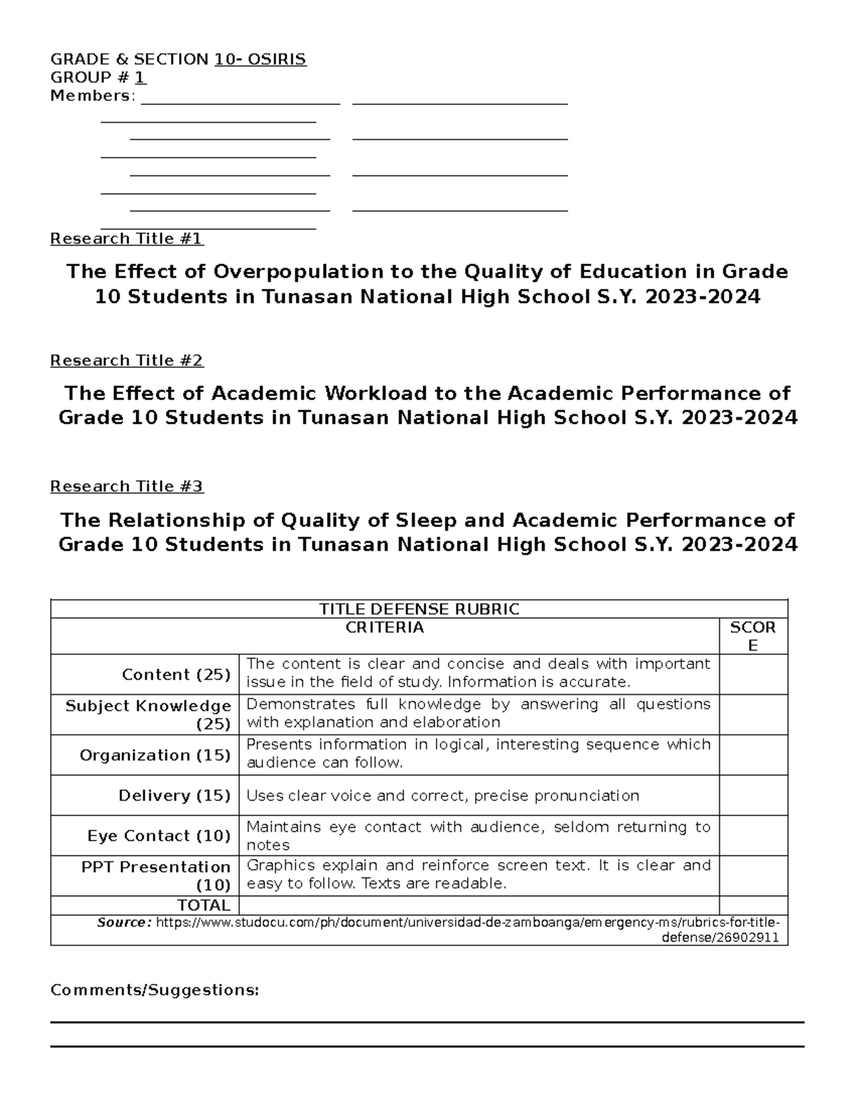 Title- Defense- Rubric - GRADE & SECTION 10- OSIRIS GROUP # 1 Members ...