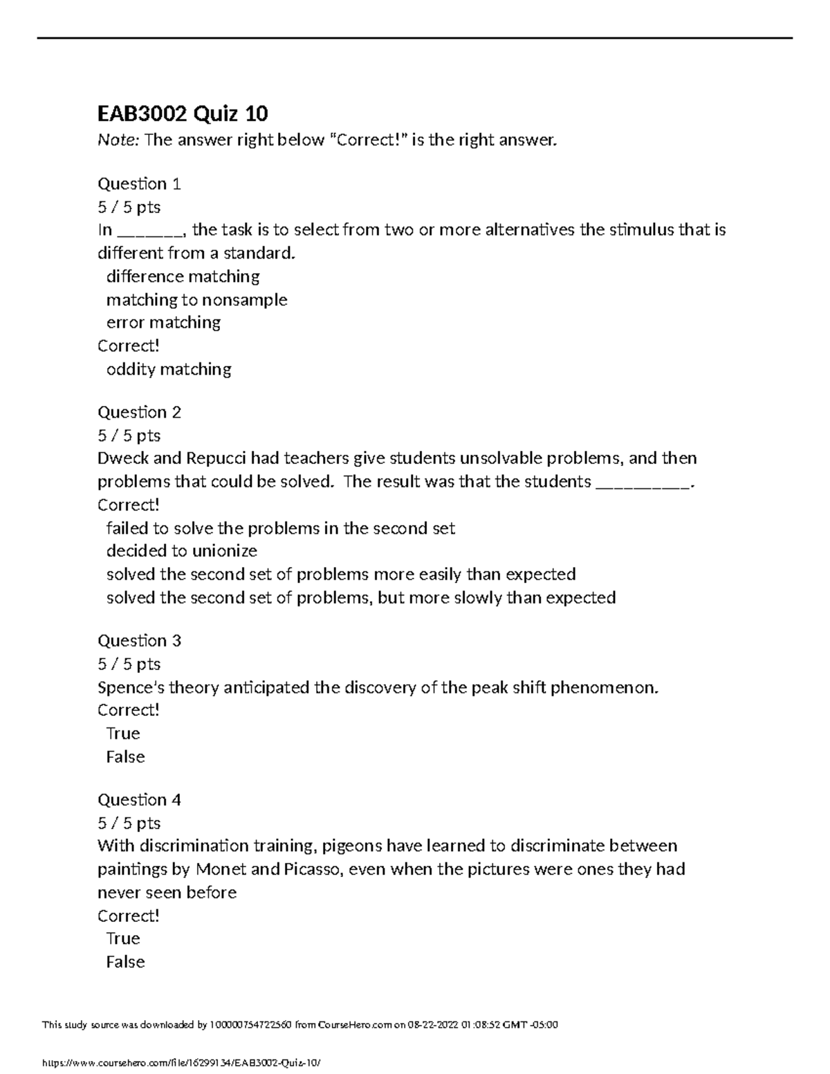 EAB 3002 Quiz 10 - EAB 3002 Quiz 10 - EAB3002 Quiz 10 Note: The answer right below “Correct!” is ...