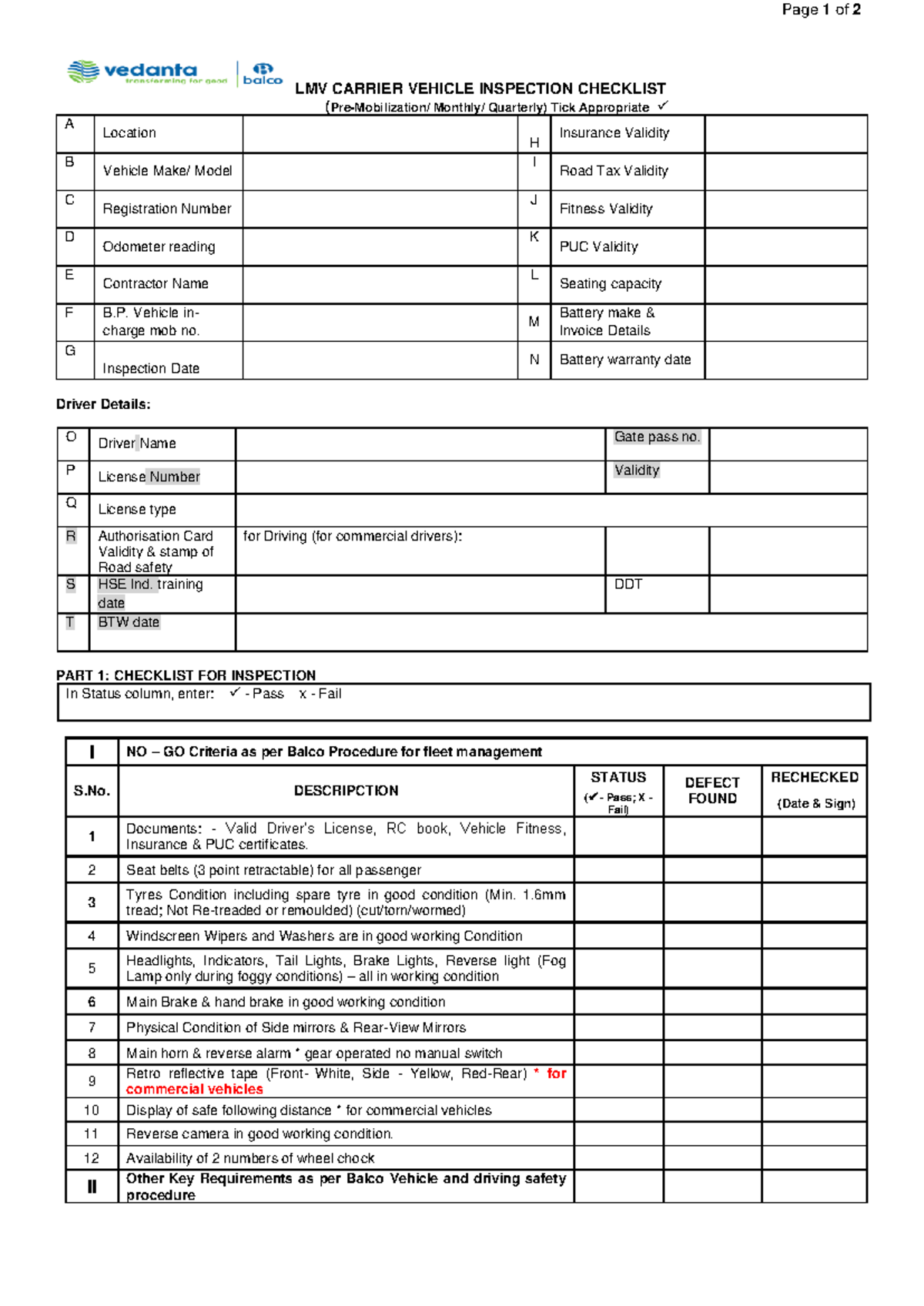 vehicle checklist - Page 1 of 2 LMV CARRIER VEHICLE INSPECTION CHECKLIST (Pre-Mobilization ...