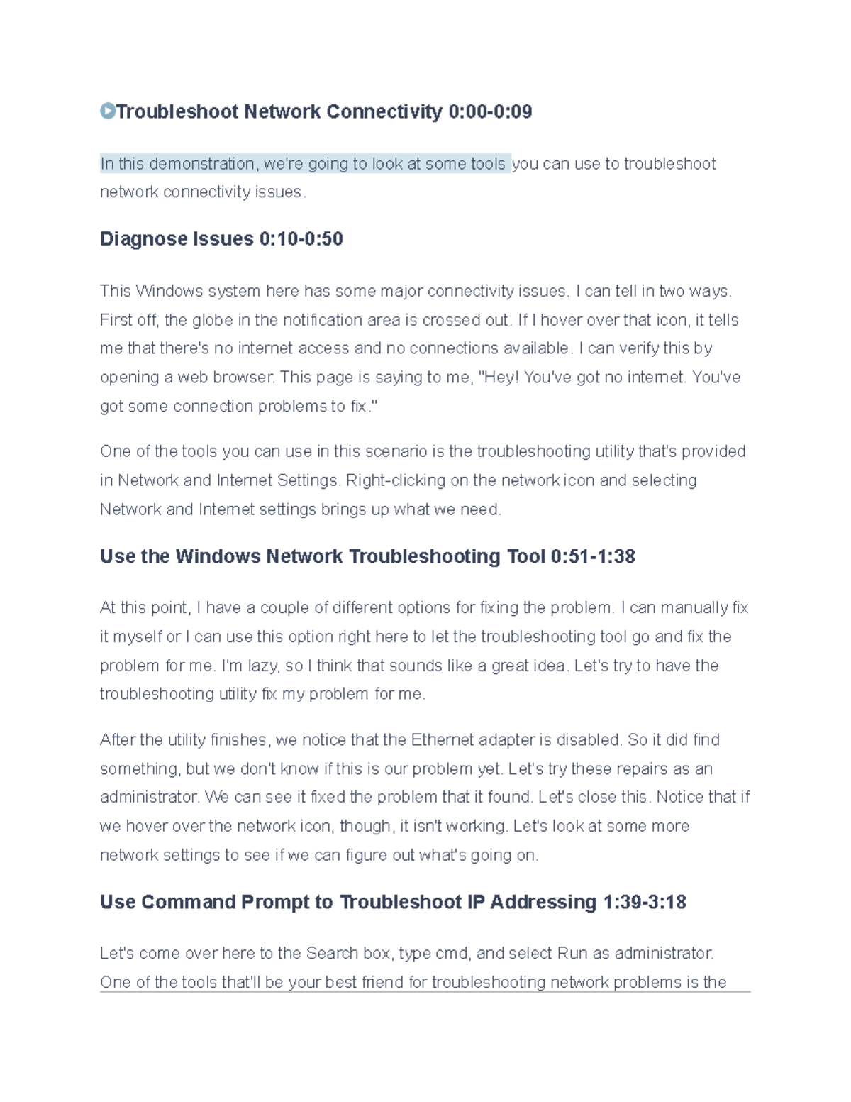 11.9.2 Troubleshoot Network Connectivity - Diagnose Issues 0:10-0: This Windows system here has ...