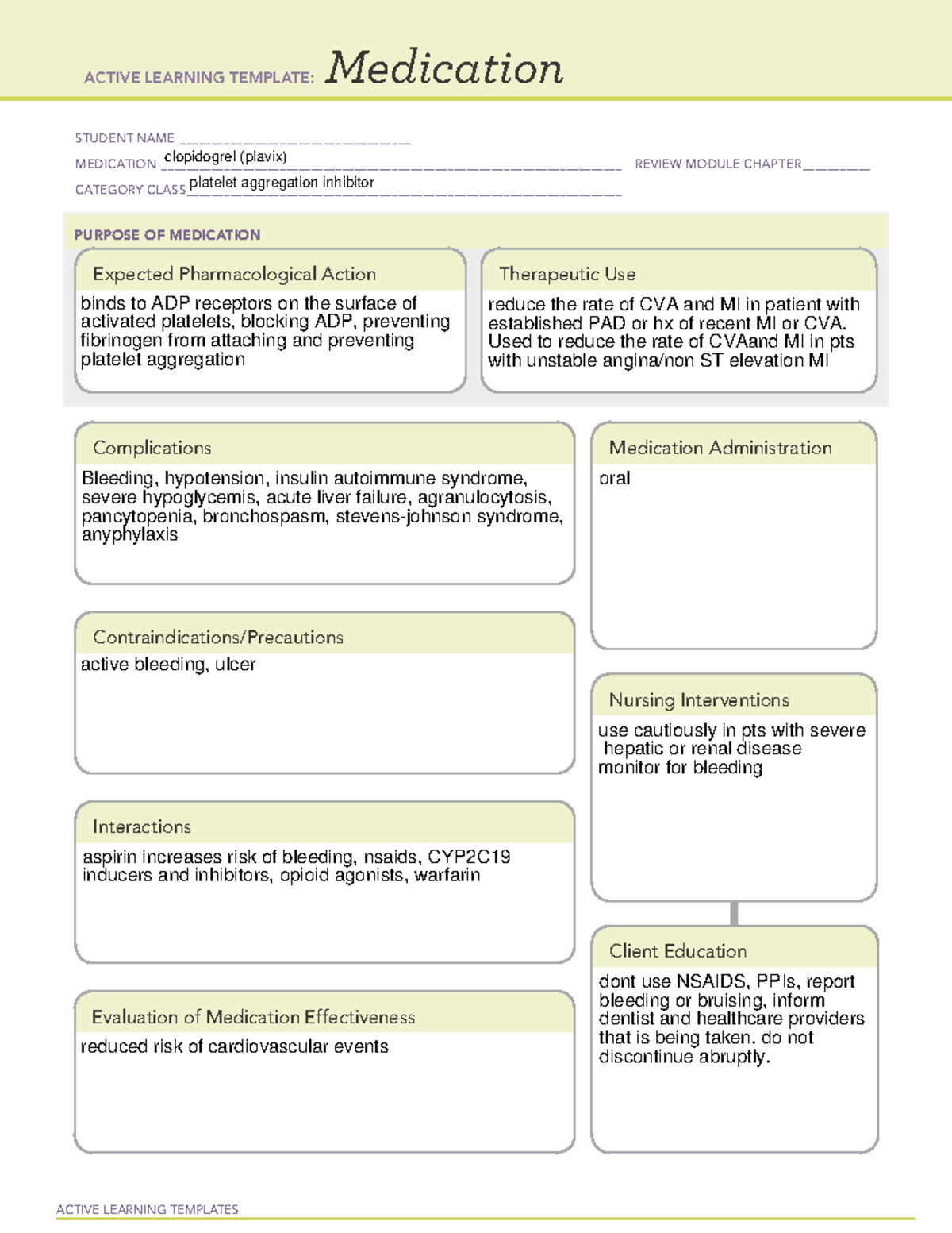 Clopidogrel - ATI drug template - ACTIVE LEARNING TEMPLATES Medication ...
