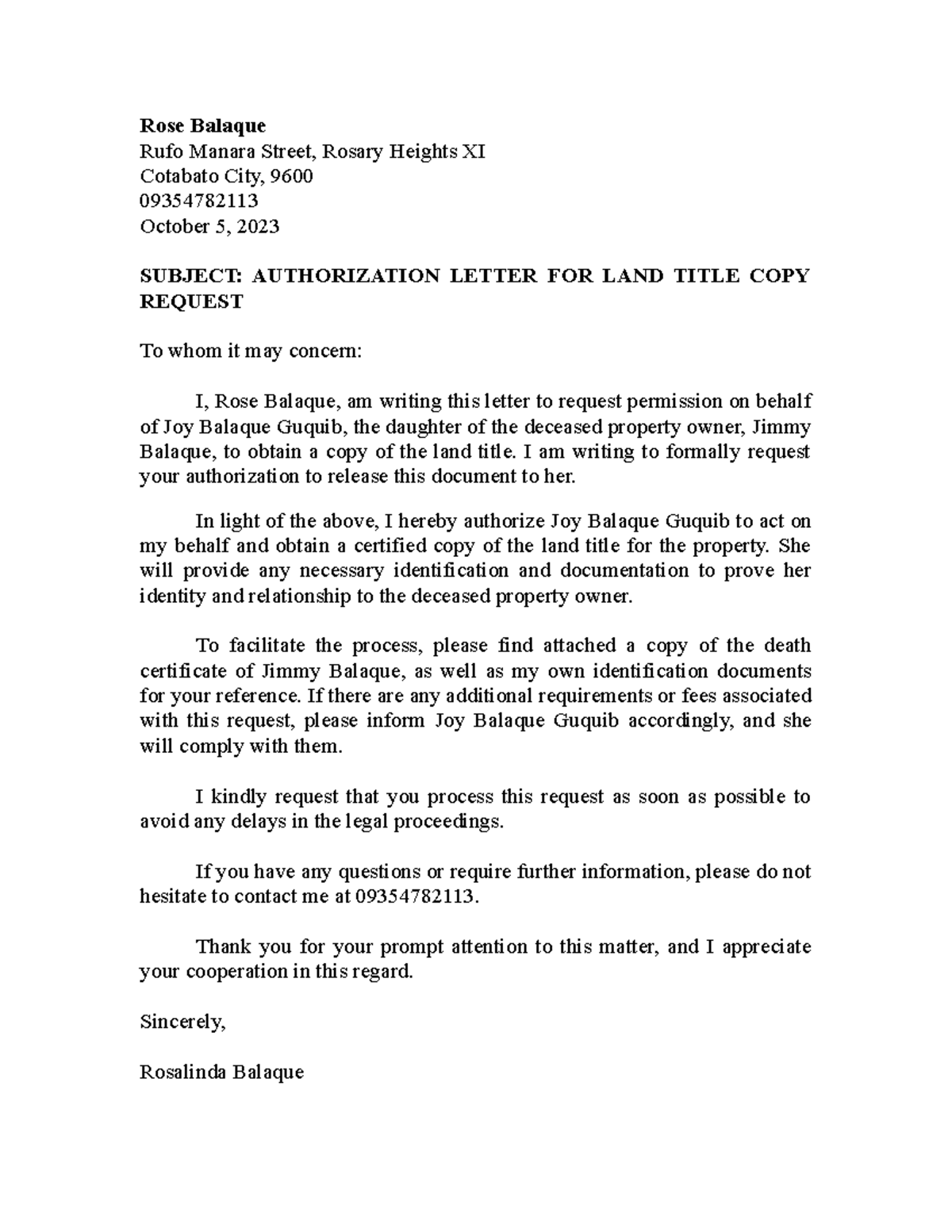 Authorization Letter - Rose Balaque Rufo Manara Street, Rosary Heights ...