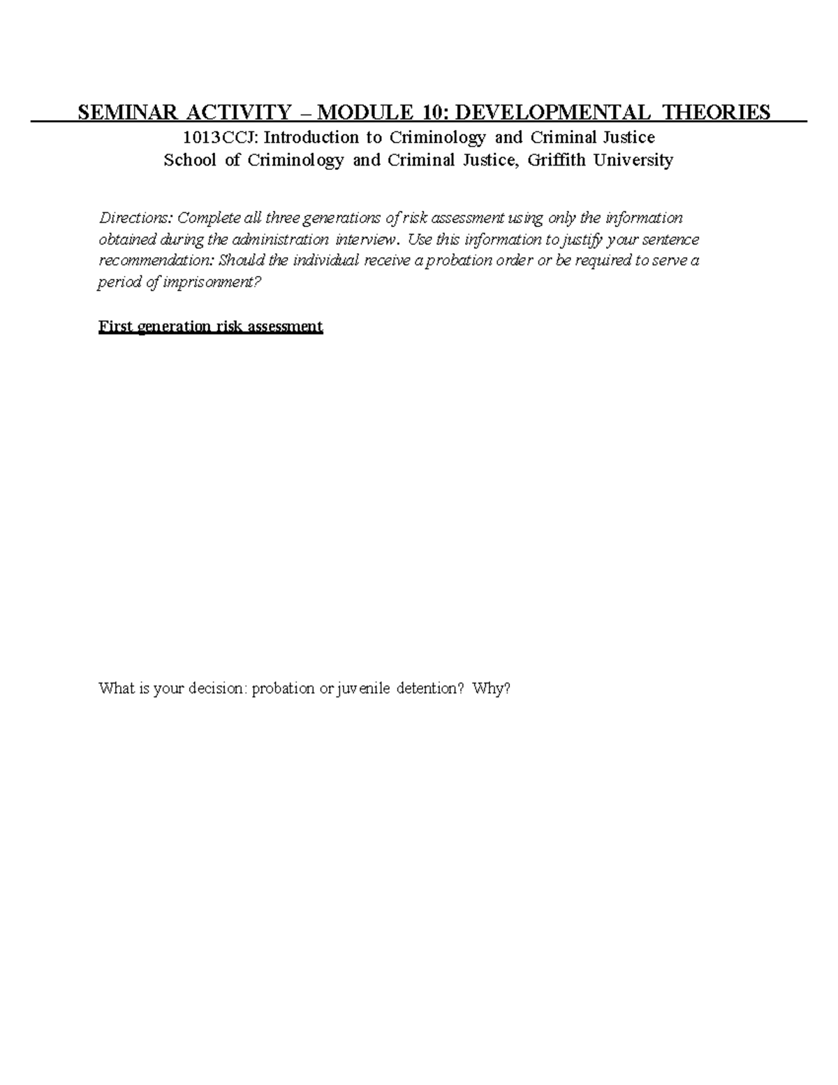 1013CCJ - T1 2024 - Module 10 Seminar - Risk Assessments - SEMINAR ...