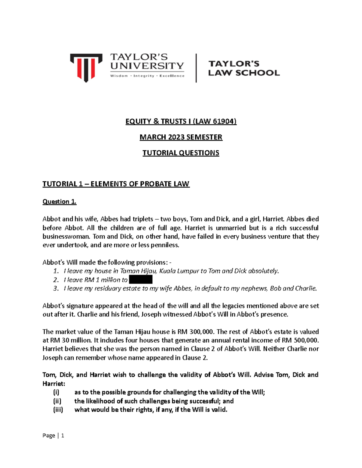 ET 1 Tutorial Questions Aug 2023 - EQUITY & TRUSTS I (LAW 61904) MARCH 2023 SEMESTER TUTORIAL ...