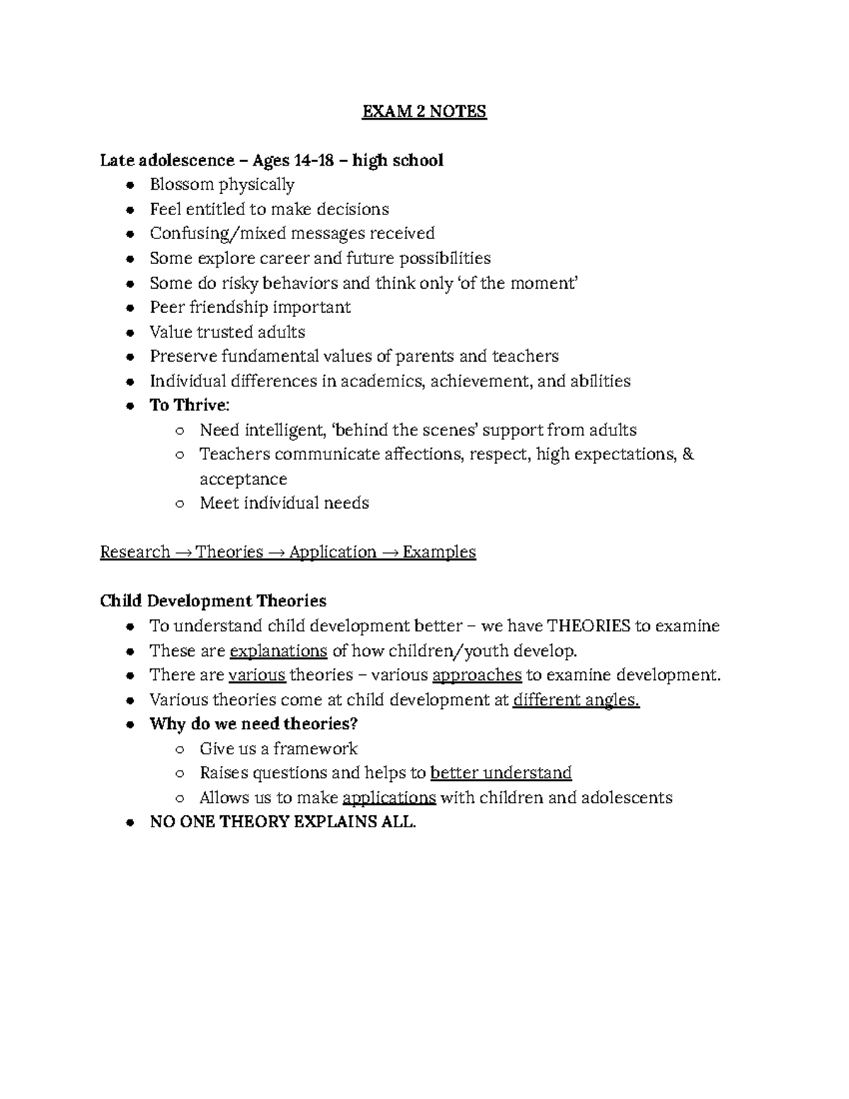 Exam 2 Notes - EXAM 2 NOTES Late adolescence – Ages 14-18 – high school ...