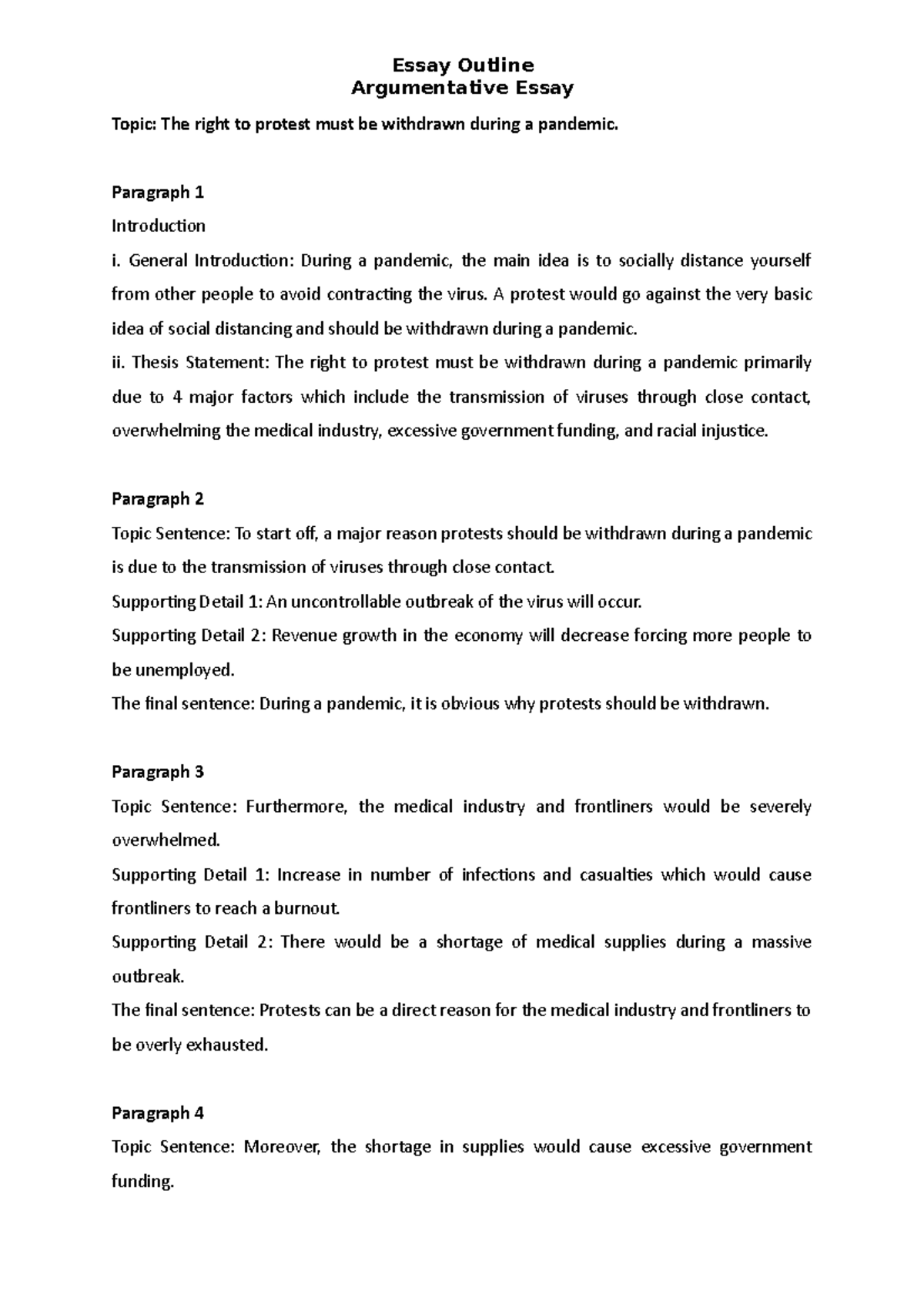 Essay Outline - final - Essay Outline Argumentative Essay Topic: The ...