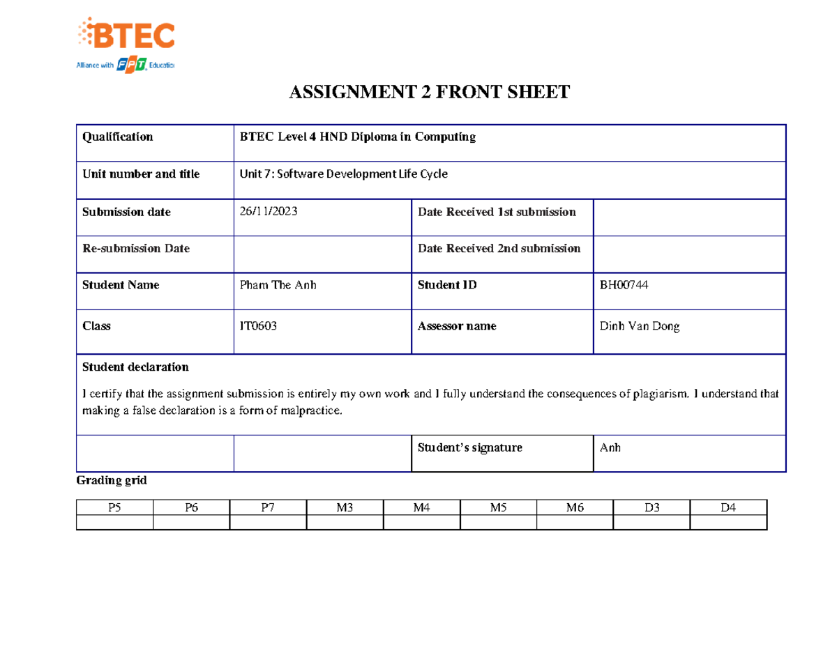 SDLC - Assignment 2 Frontsheet - ASSIGNMENT 2 FRONT SHEET Qualification BTEC Level 4 HND Diploma ...