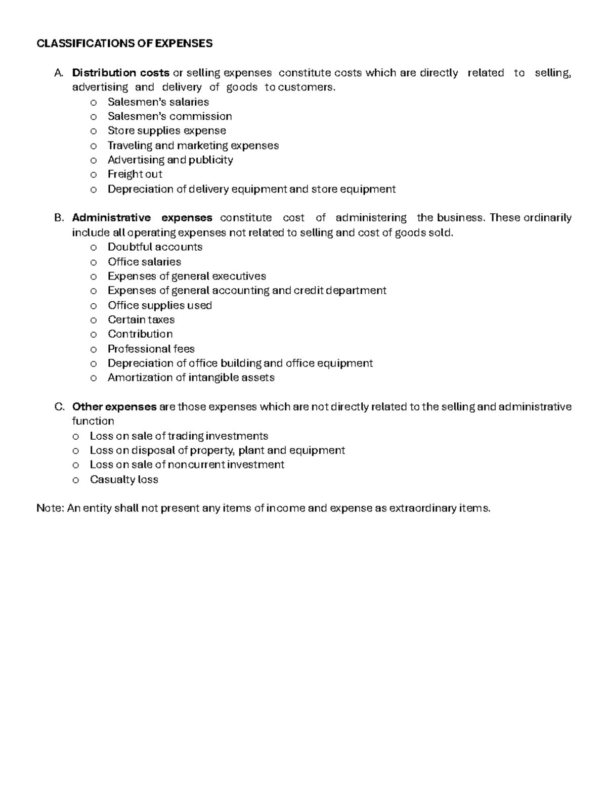 CFAS - IS - Expenses - CLASSIFICATIONS OF EXPENSES A. Distribution ...