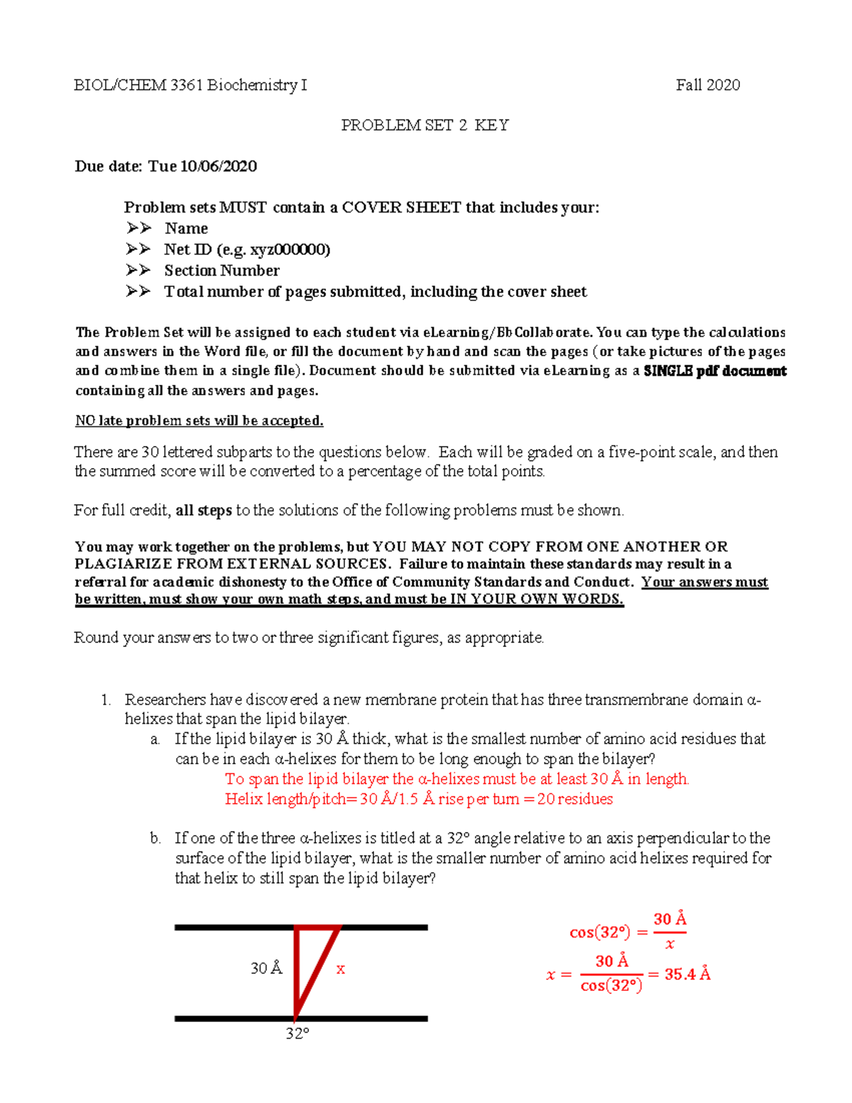 3361 20F PS2 Key - PS2 key - BIOL/CHEM 3361 Biochemistry I Fall 2020 PROBLEM SET 2 KEY Due date ...