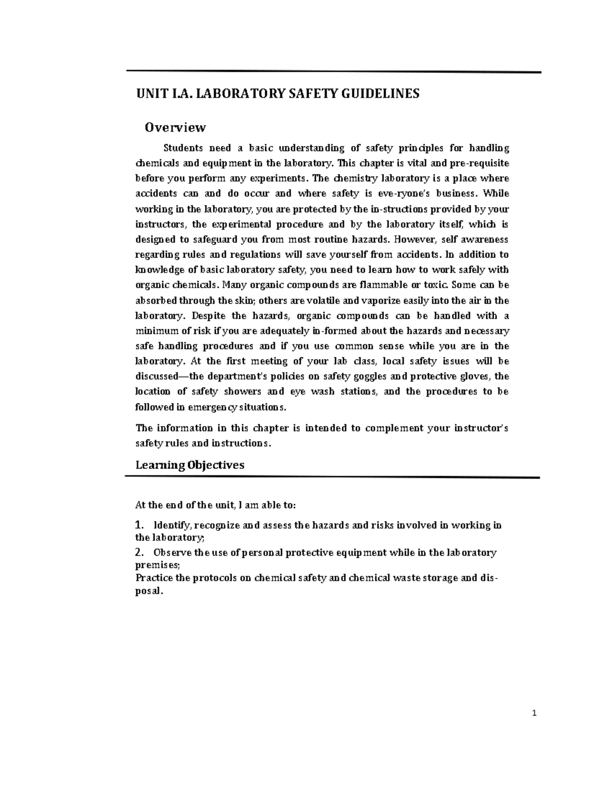 Lab-safety - Activity - UNIT I. LABORATORY SAFETY GUIDELINES Overview ...