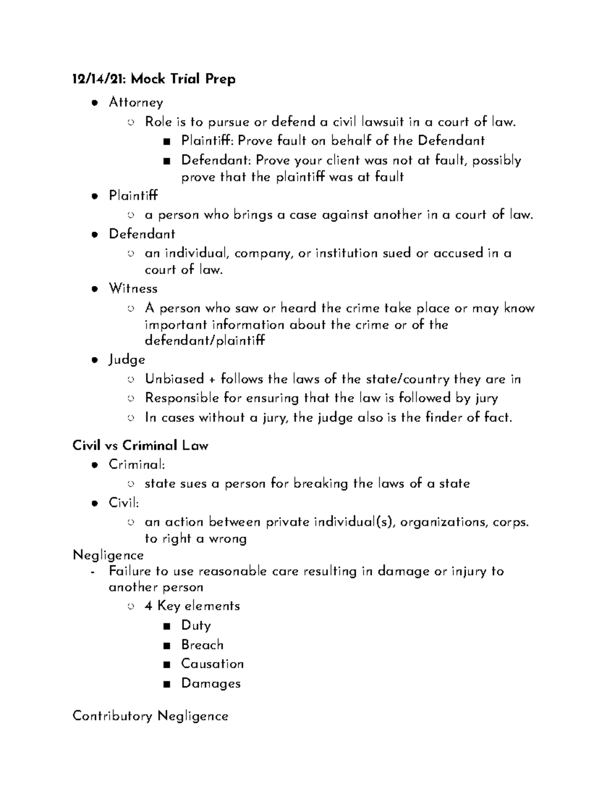 Mock Trial Notes - 12/14/21: Mock Trial Prep Attorney Role is to pursue ...