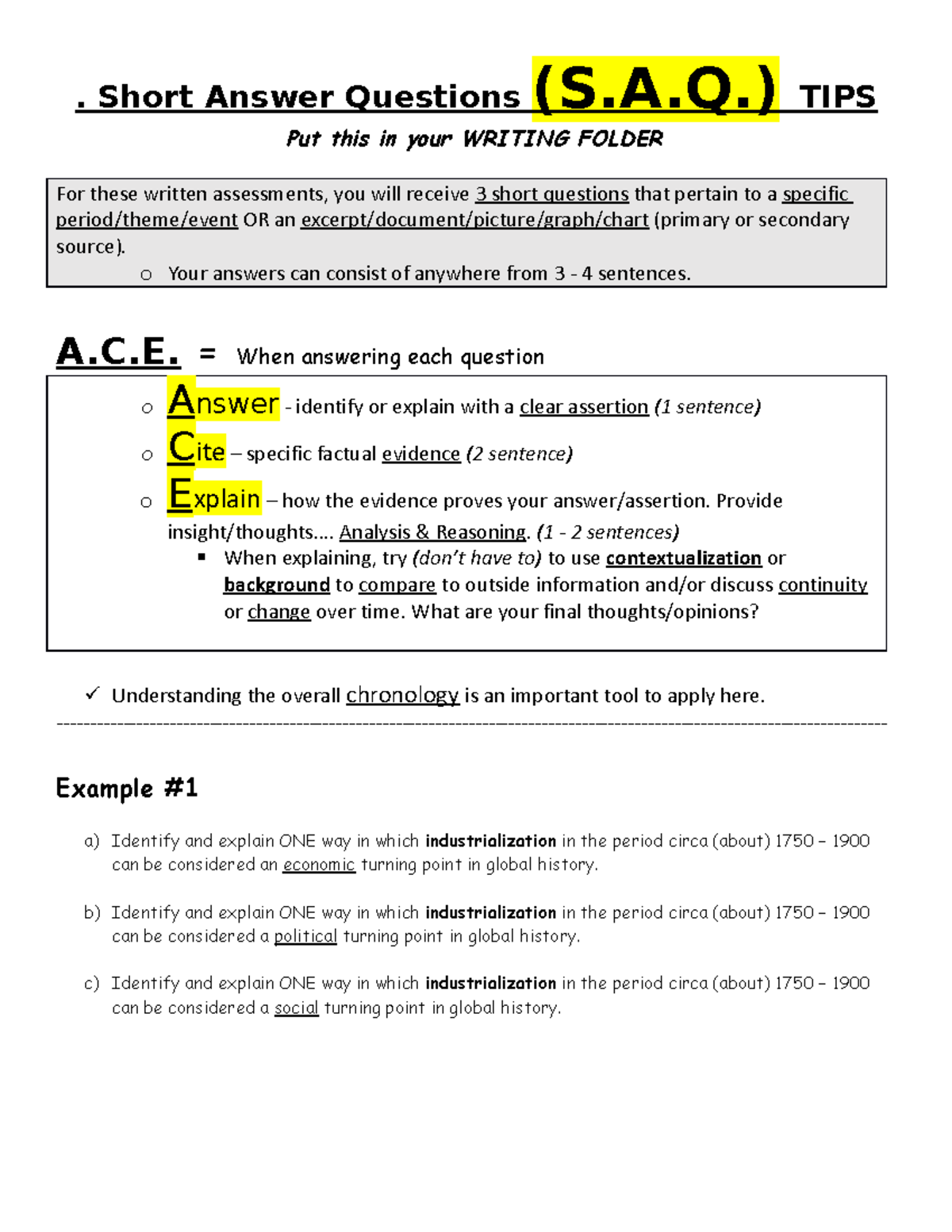 SAQ Tips - SAQ Tips - . Short Answer Questions (S.A.) TIPS Put this in ...