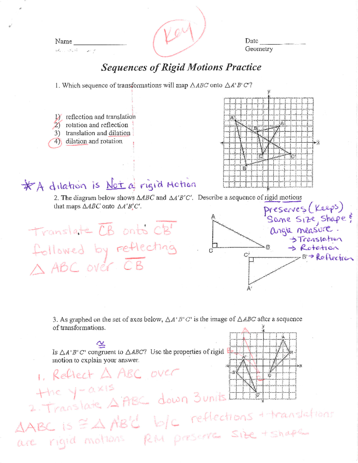 Answer KEY Sequences of Rigid Motions Practice - Studocu