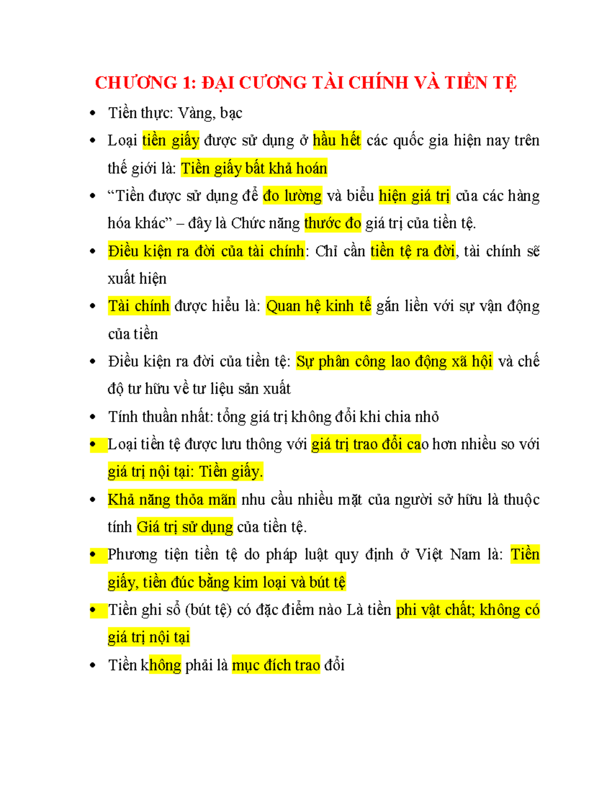 CHƯƠNG 1 - ytyty - CHƯƠNG 1: ĐẠI CƯƠNG TÀI CHÍNH VÀ TIỀN TỆ Tiền thực ...