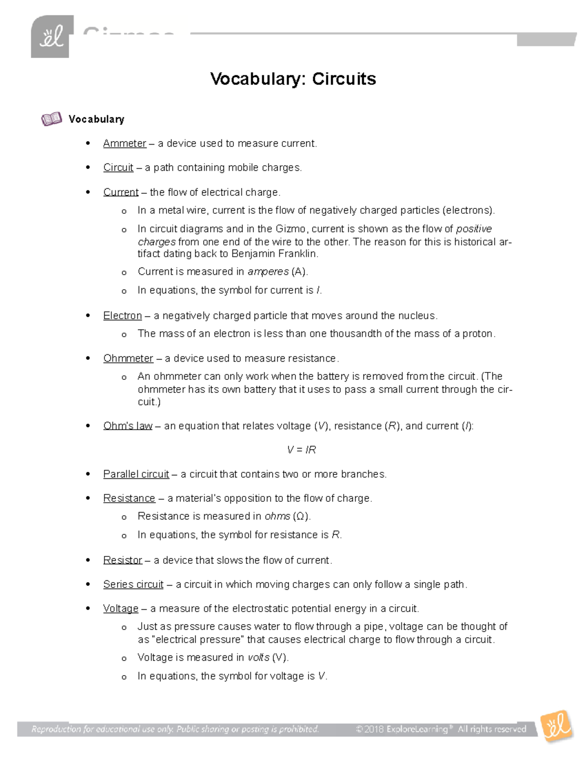 Circuits Vocab - 2018 Vocabulary: Circuits Vocabulary Ammeter – a ...
