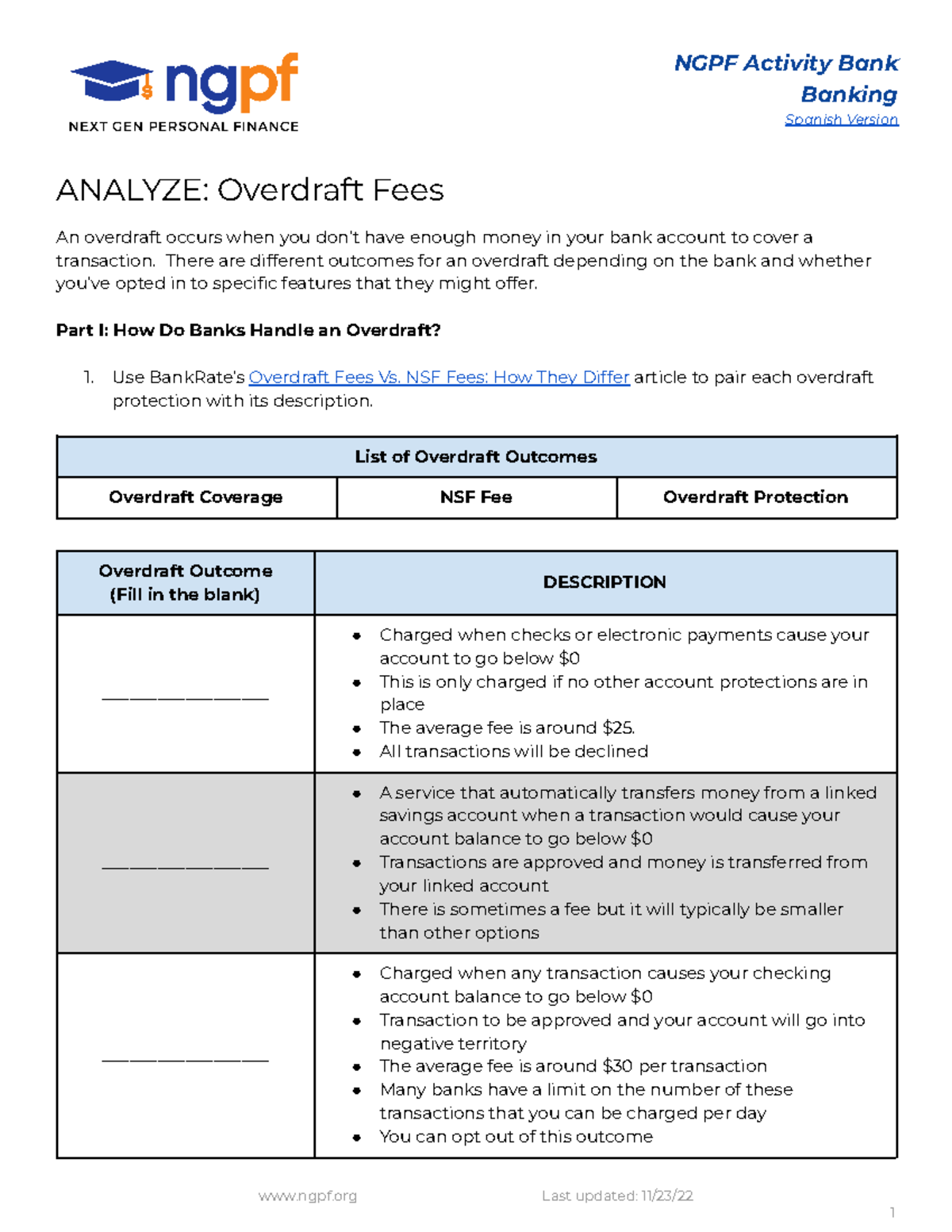 Analyze Overdraft Fees - NGPF Activity Bank Banking Spanish Version ANALYZE: Overdraft Fees An ...
