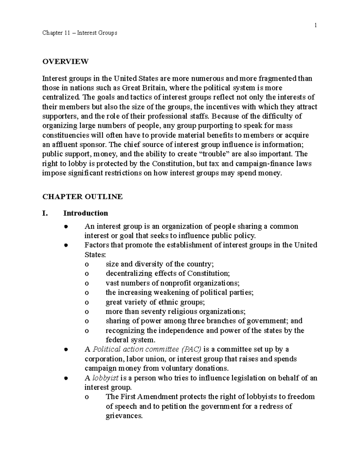 Chapter 11 – Interest Groups - Chapter 11 – Interest Groups OVERVIEW ...