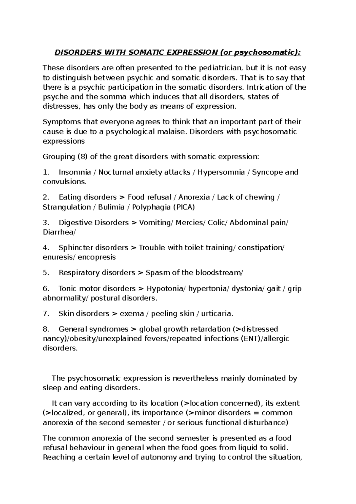 Disorders WITH Somatic Expression, notes first week - DISORDERS WITH ...