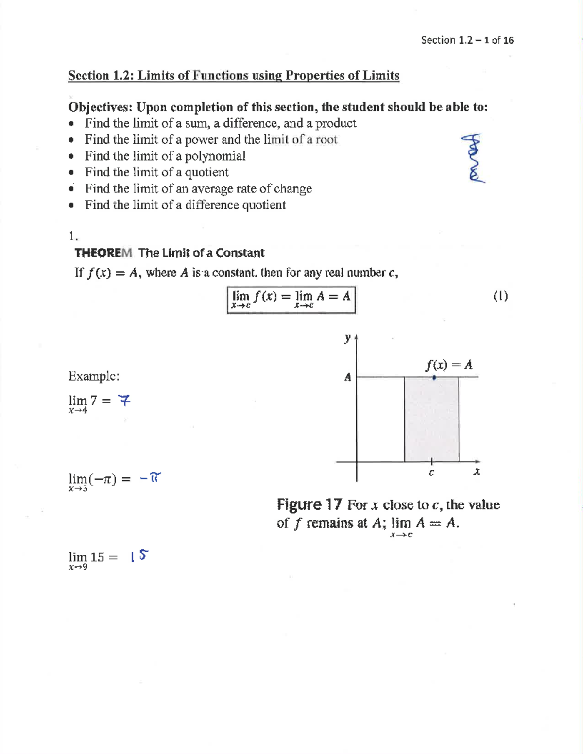 Start of Section 1.2 - Section 1 1 of 16 Section 1: Limits of Functions ...