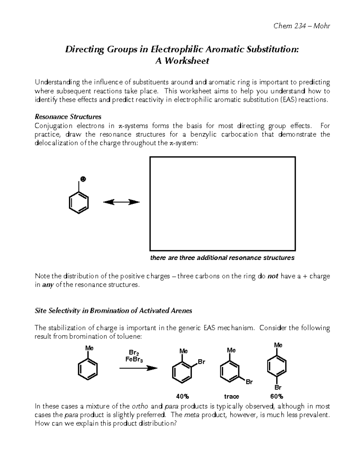 Se Ar-Directing-Worksheet - Directing Groups in Electrophilic Aromatic ...