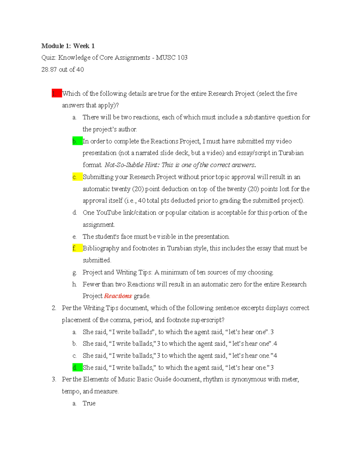 Quiz Knowledge of Core Assignments - MUSC 103-2 - There will be two ...