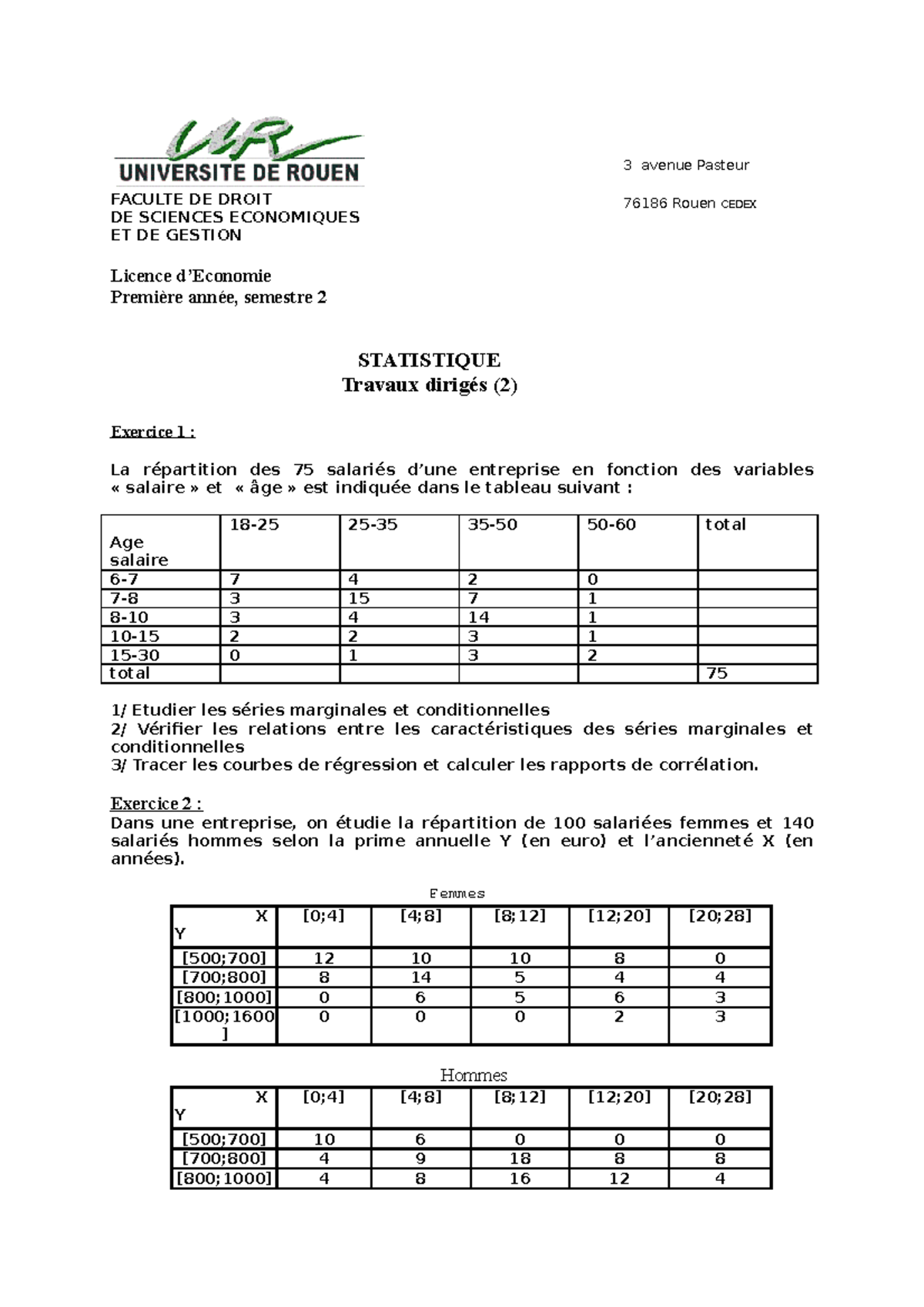 Fiche 2-TDStat S 2 - examen de statistiques session normale, L1S2 ...