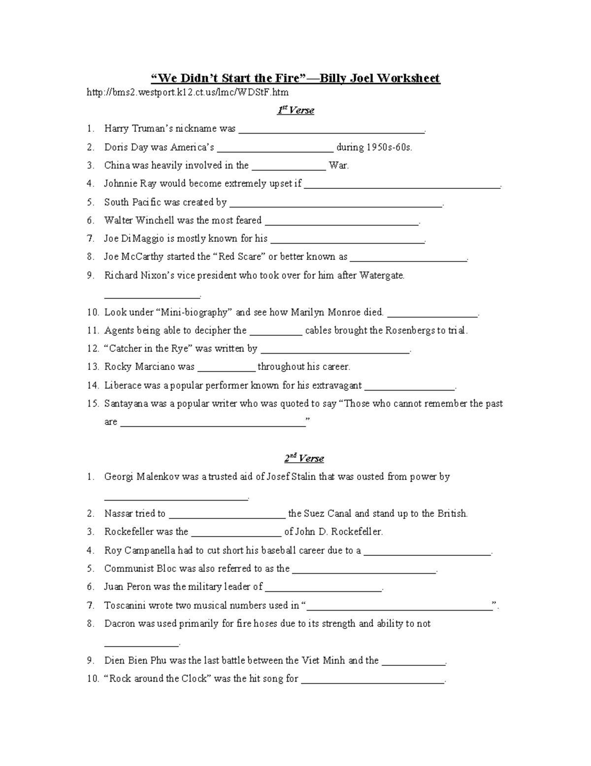 Billy Joel Worksheet - Math - “We Didn’t Start the Fire”—Billy Joel ...