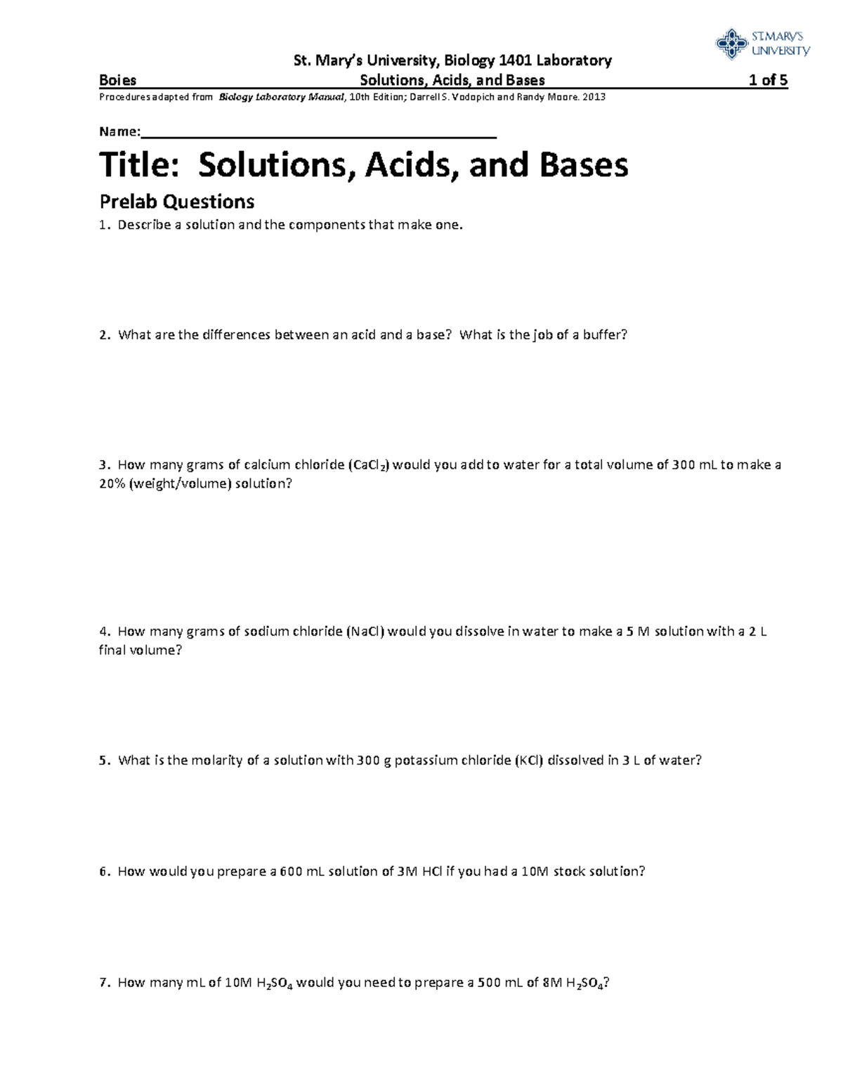 Bio lab 2 - notes - Boies Solutions, Acids, and Bases 1 of 5 Procedures ...