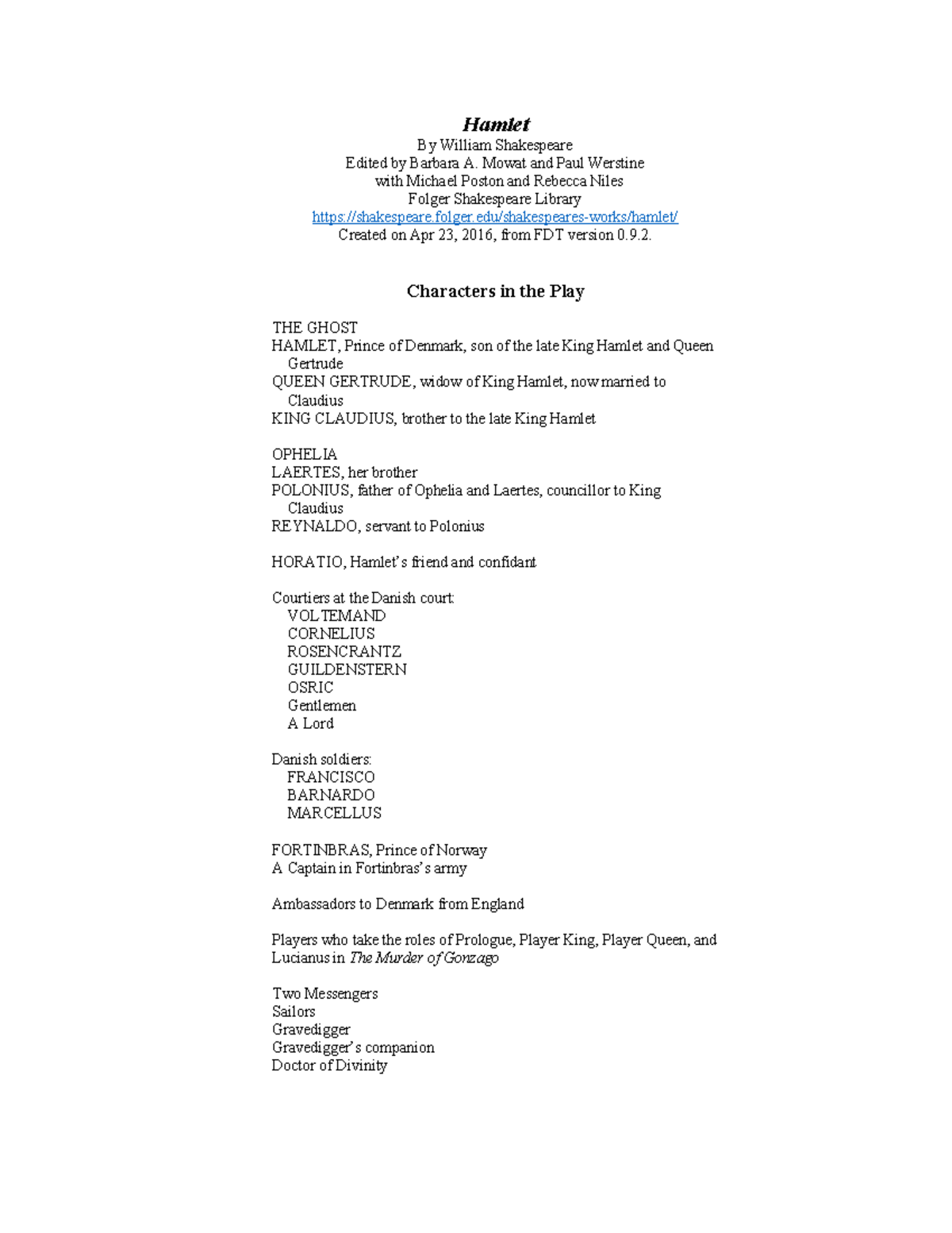 Hamlet DOC-LN Folger Shakespeare - Hamlet By William Shakespeare Edited by Barbara A. Mowat and ...