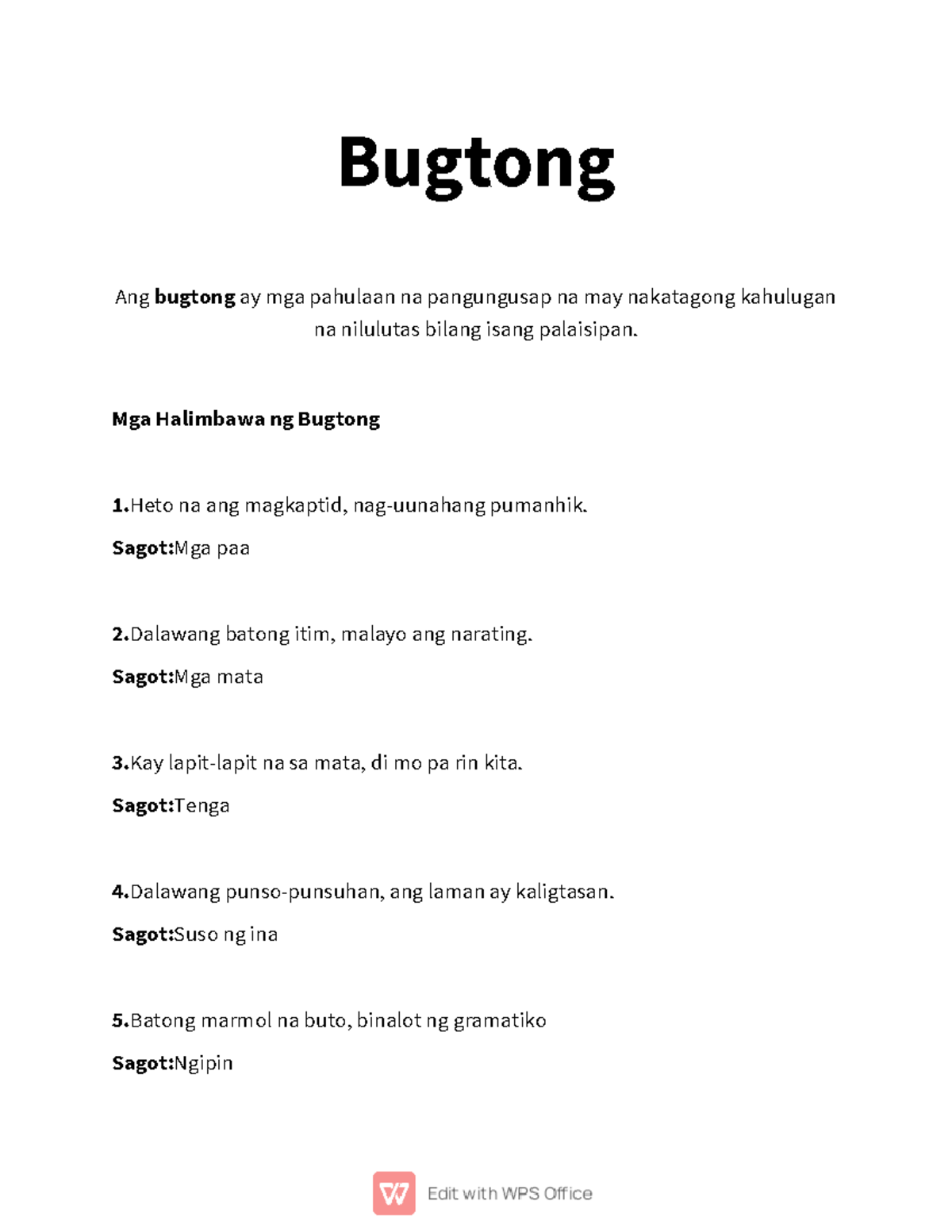 Bugtong-WPS Office 041653 - Bugtong Ang bugtong ay mga pahulaan na ...