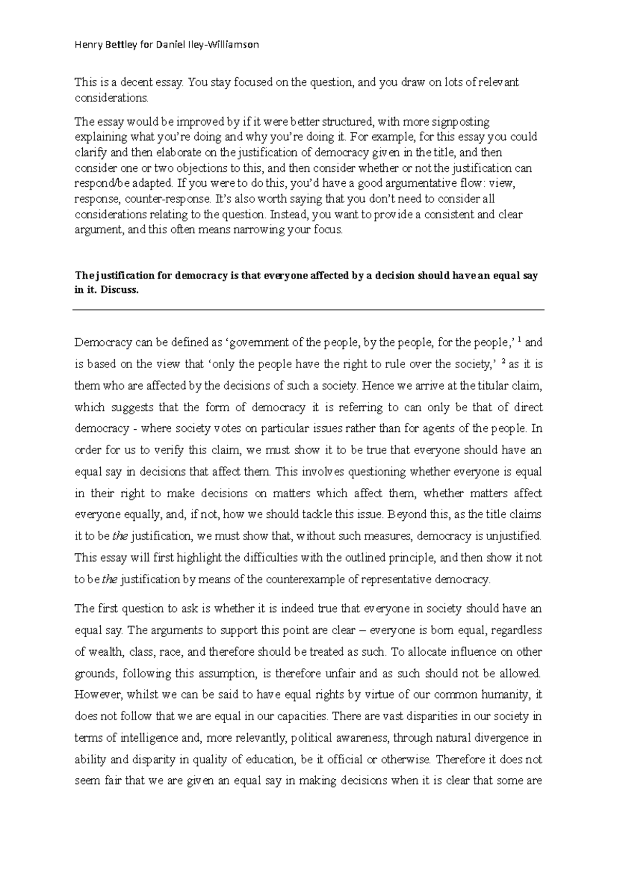 Bettley - Democracy - Grade: 1st - Henry Bettley for Daniel Iley ...